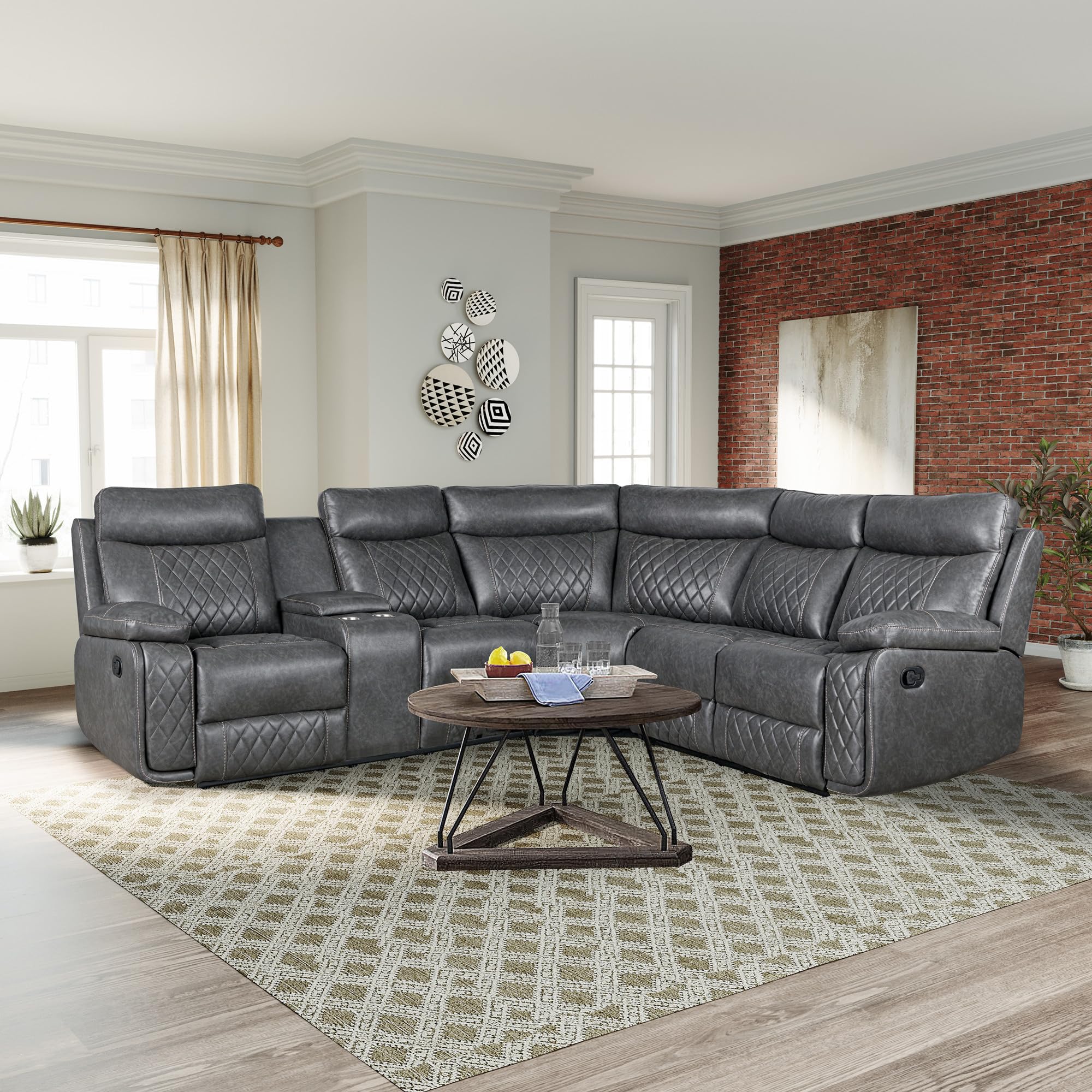 Manual PU Reclining Sectional Sofa Set, Adjustable Recliner Sofa with Cup Holder and Hide-Away Storage for Living Room