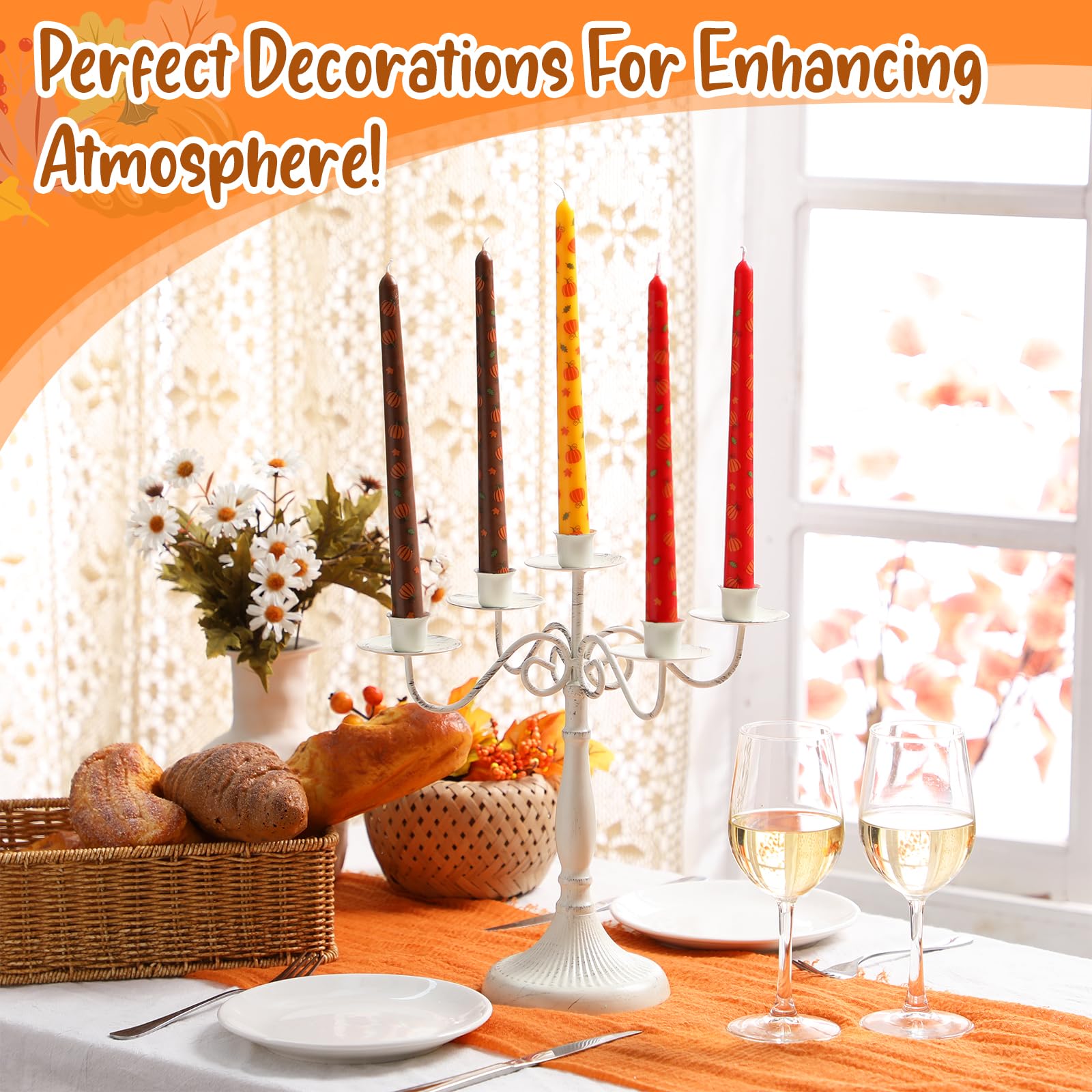 Thanksgiving Taper Candles 10 Inch Decorative Candles Set of 6 Unscented Fall Pumpkin Maple Leaves Candlesticks Thanksgiving Dinner Table Decorations Friendsgiving Hostess Gift Idea Home Decor
