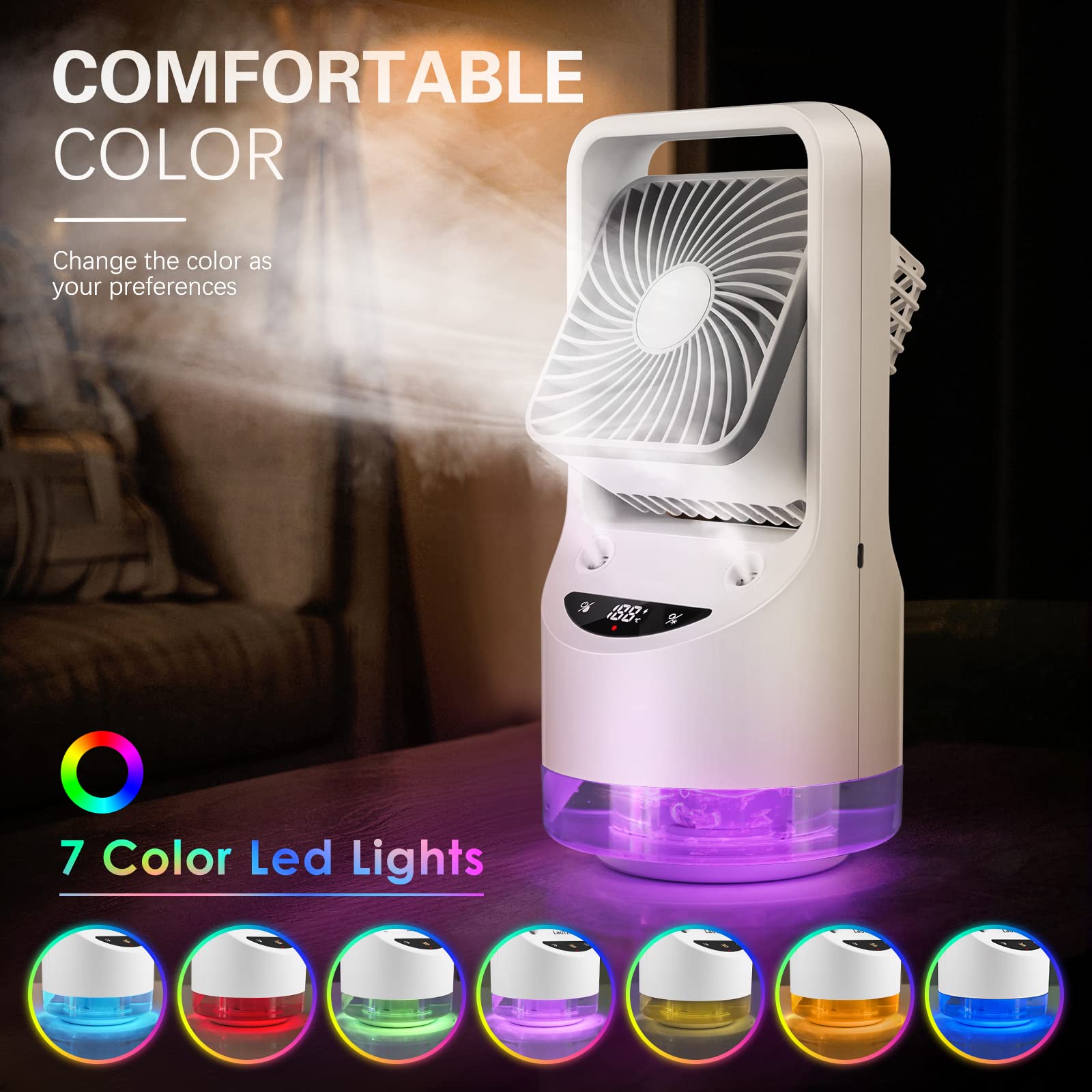 Portable Air Conditioner Fan, Rechargeable Evaporative Air Cooler, Personal Air Cooler Humidifier with 3-Speed, 90° Oscillating, 7 Colors Light, Aroma Discs, Desk Cooling Fan for Home Office Camping