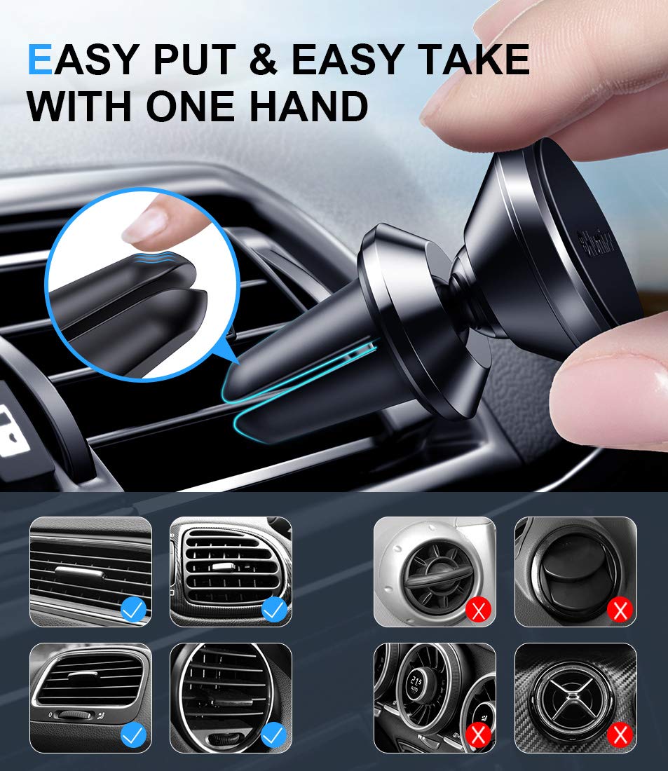 Humixx[8 Built-in Magnets Magnetic Phone Holders for Your Car [Durable ＆ Sturdy] Magnetic Phone Holder Mount for car 360° Rotation Car Vent Clip Fit for iPhone Samsung ＆ All Phones, Black
