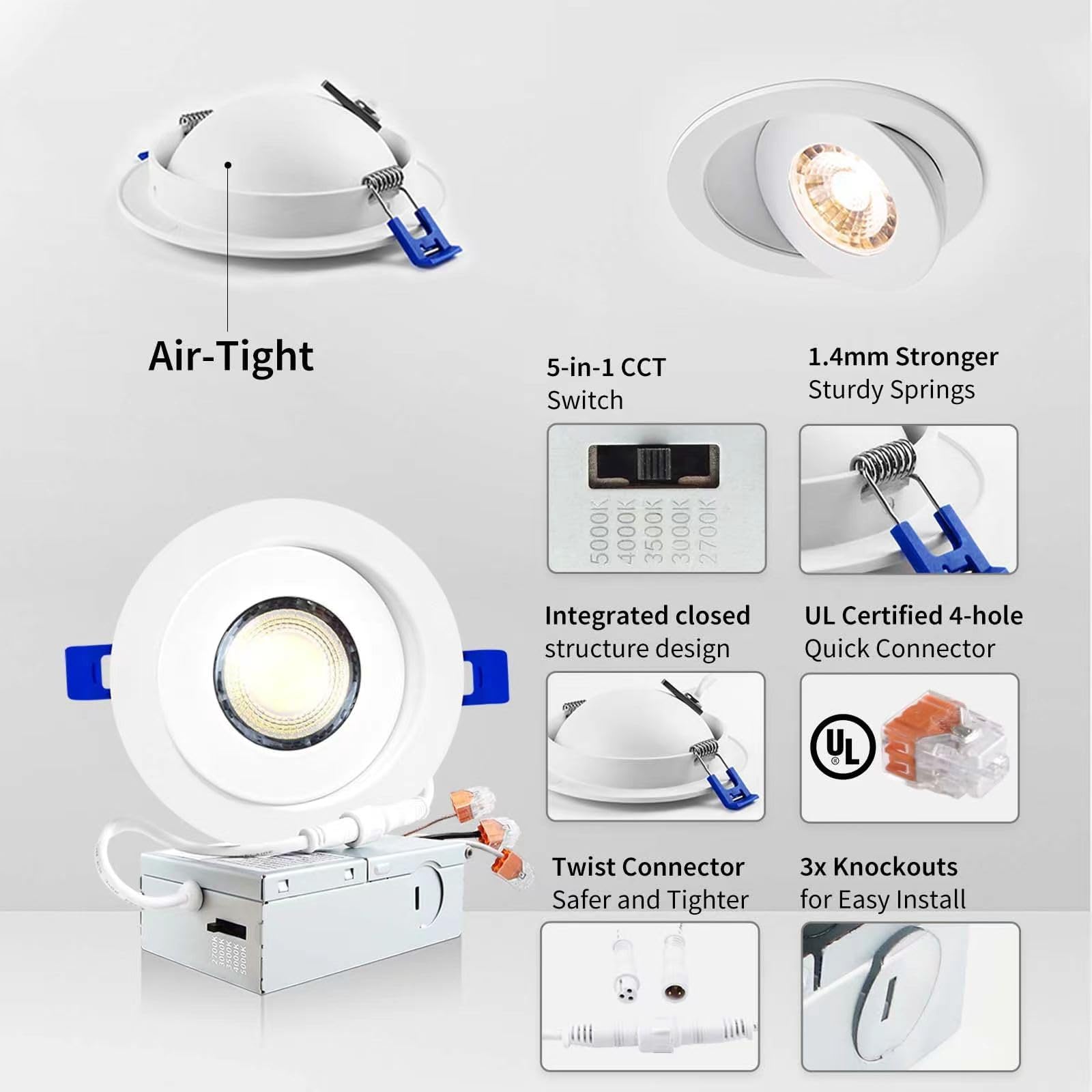 Adetu 4 Inch Gimbal Led Recessed Lights, 360°+90° Adjustable Directional Recessed Lighting, 2700K/3000K/3500K/4000K/5000K Dimmable Retrofit Eyeball Can Lights with Jbox, ETL(White, 6 Pack)