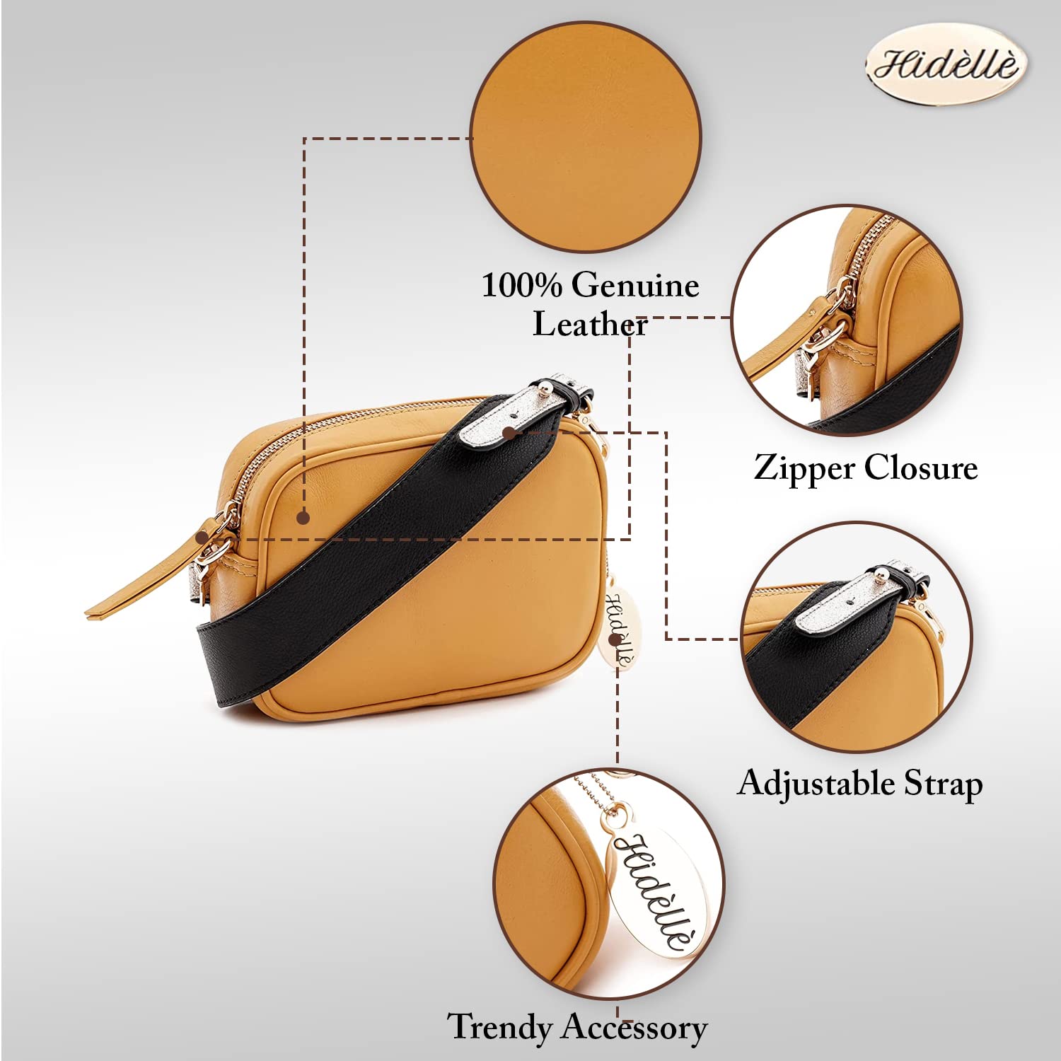 Hidelle Leather Women's Crossbody Bag | Adjustable Straps Zipper Closure Small Pockets Inside- Yellow