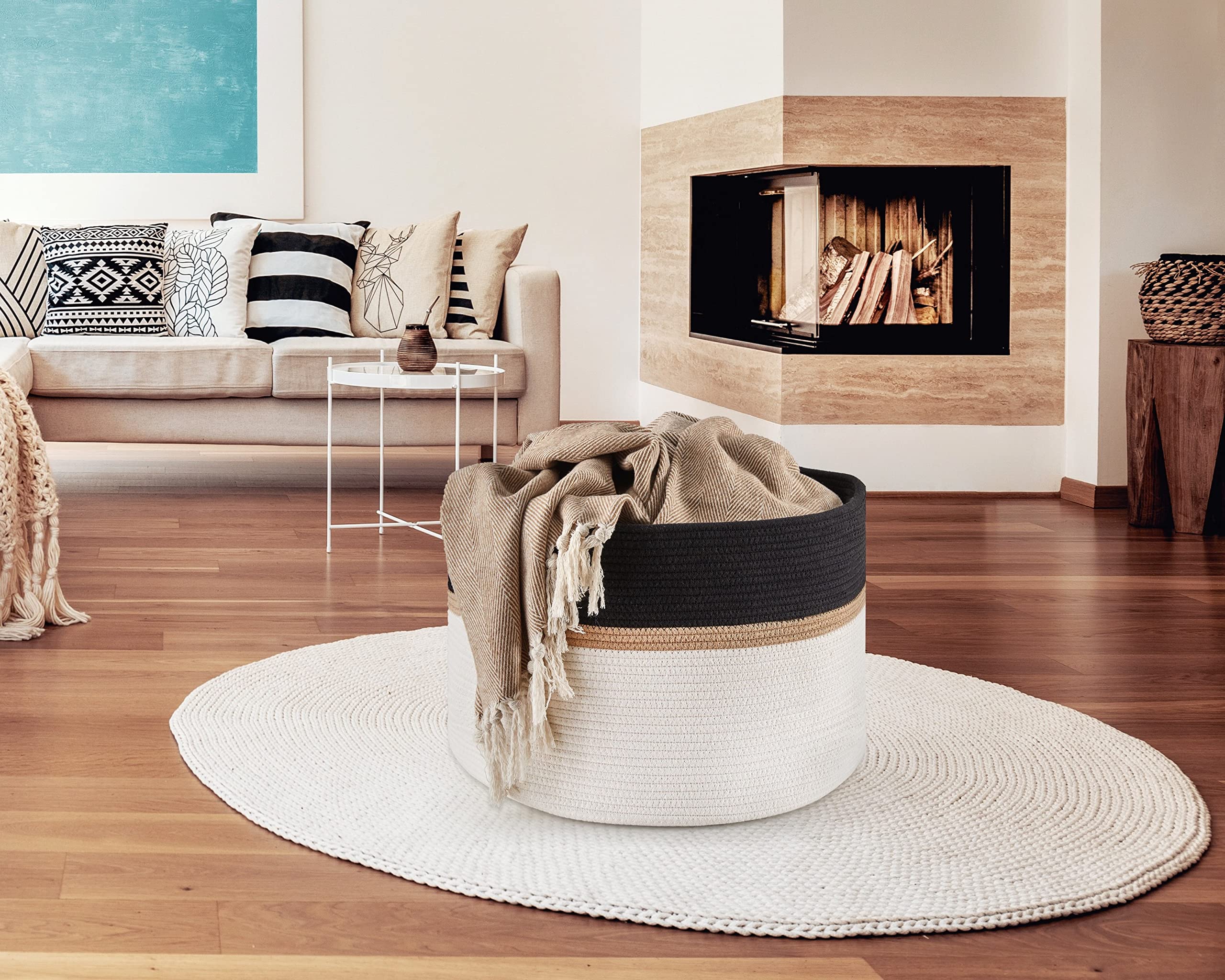 CuddleHaus | Modern Boho Basket | Living Room Blanket Storage Holder | Nursery Laundry Baskets | Baby and Kids Room Toy Organization | Woven Cotton Rope Bathroom Towel Basket