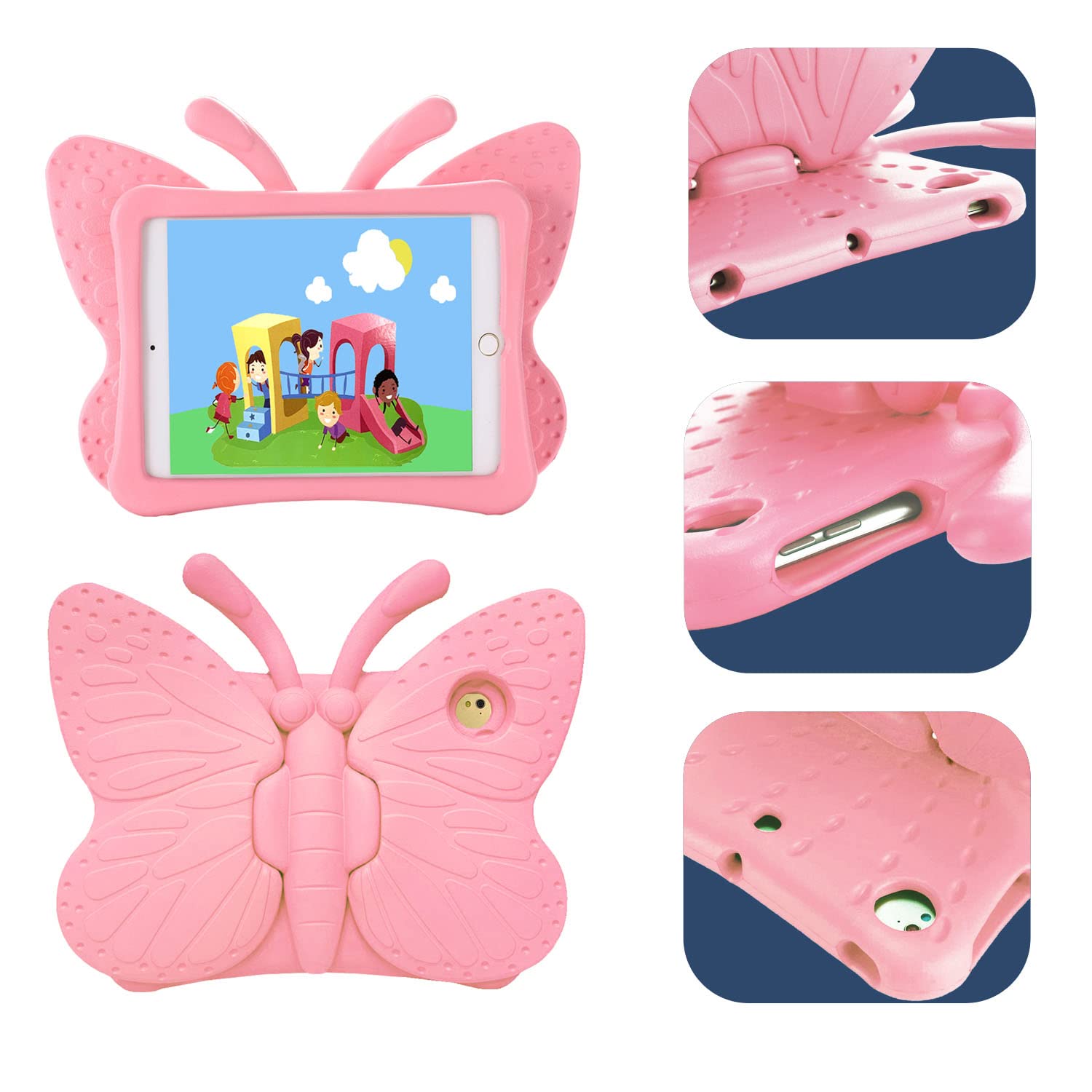 iPad case for Kids, Feitenn 3D Cartoon Butterfly Non-Toxic EVA Light Weight Kid Proof Shockproof case with Kickstand for ipad 5/ ipad 6 /ipad pro 9.7/ New iPad 2017 case (Pink)