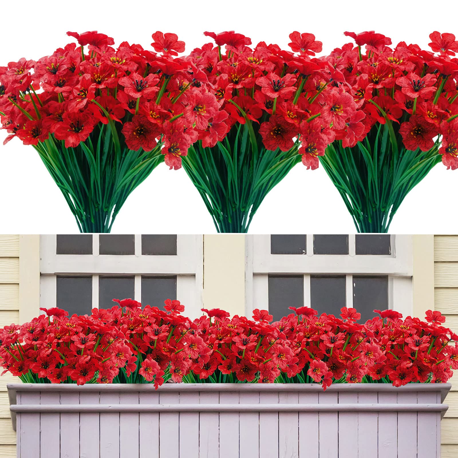 SOFYOURS 16 Bundles Artificial Flowers Outdoor UV Resistant Fake Flowers No Fade Plastic Plants Garden Porch Window Box (Red)