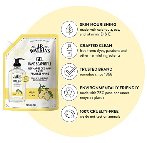 J.R. Watkins Gel Hand Soap Refill Pouch, Scented Liquid Hand Wash for Bathroom or Kitchen, USA Made and Cruelty Free, 34 fl oz, Lemon, 6 Pack