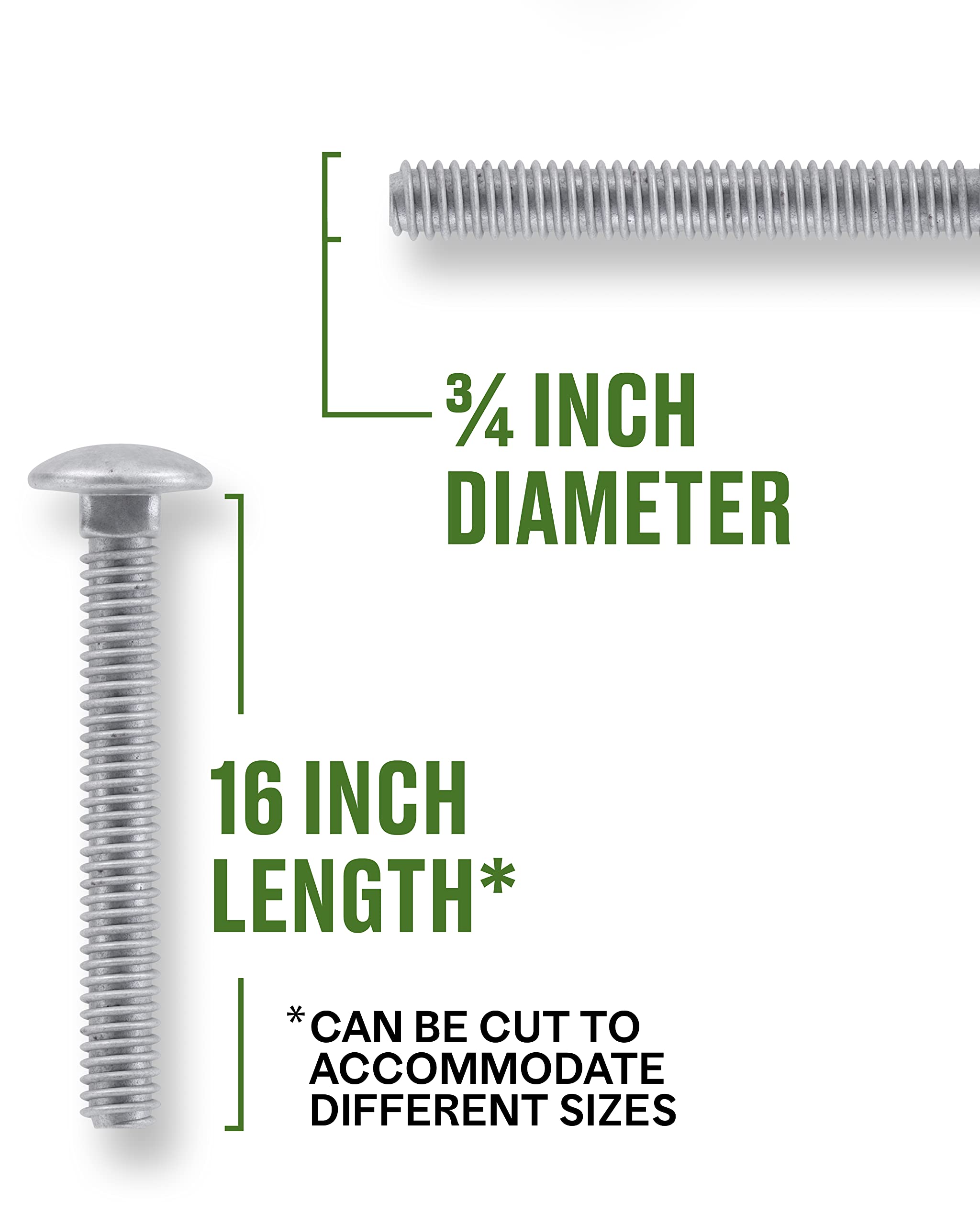 Hillman Group Galvanized Carriage Bolt 3/4” x 16”, 20 Count, Blunt Point, Alloy Steel, Self-Locking Round Head Fasteners, Wood and Metal, No Washer Needed, Rust-Resistant (812703)