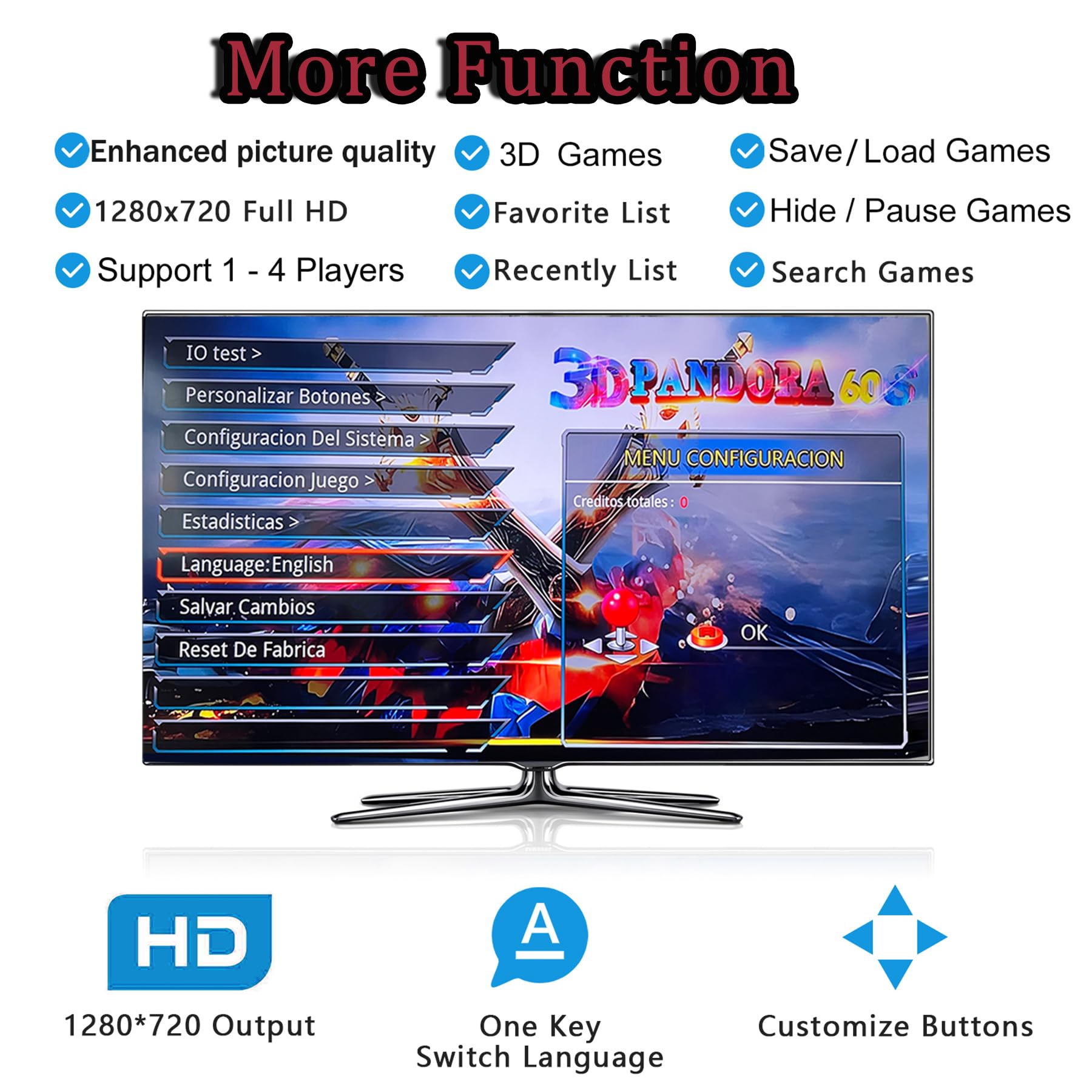 RegiisJoy 28890 Games in 1 Pandora 60S Arcade Game Console Retro Game Machine for PC & Projector & TV, 2-4 Players, 1280X720, 3D Games, Search/Hide/Save/Load/Pause Games, Favorite List