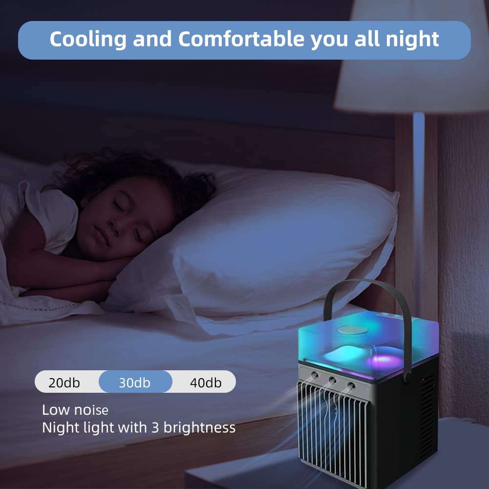 Portable Air Cooler Fan, Evaporative Air Cooler Rechargeable, Personal Air Conditioner with 6 Reusable Ice Boxes, Quiet Desk Fan with Air Humidifier and LED Night Light for Bedroom Camping Trip black-01