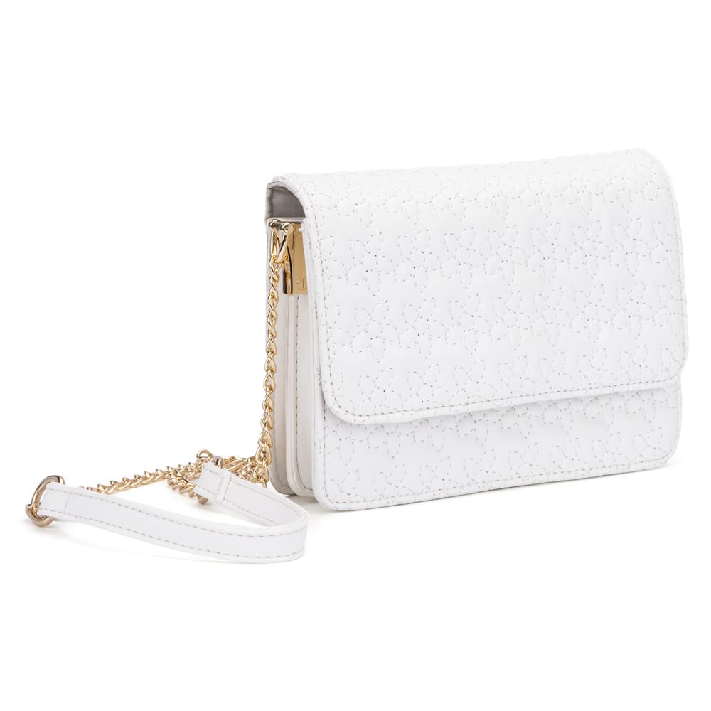 Olivia Miller Women's Fashion Rose Flower Embroidered Faux PU Leather Front Flap w Multi Compartment Off White Crossbody Bag Everyday Small Evening Casual Work Purse Handbag