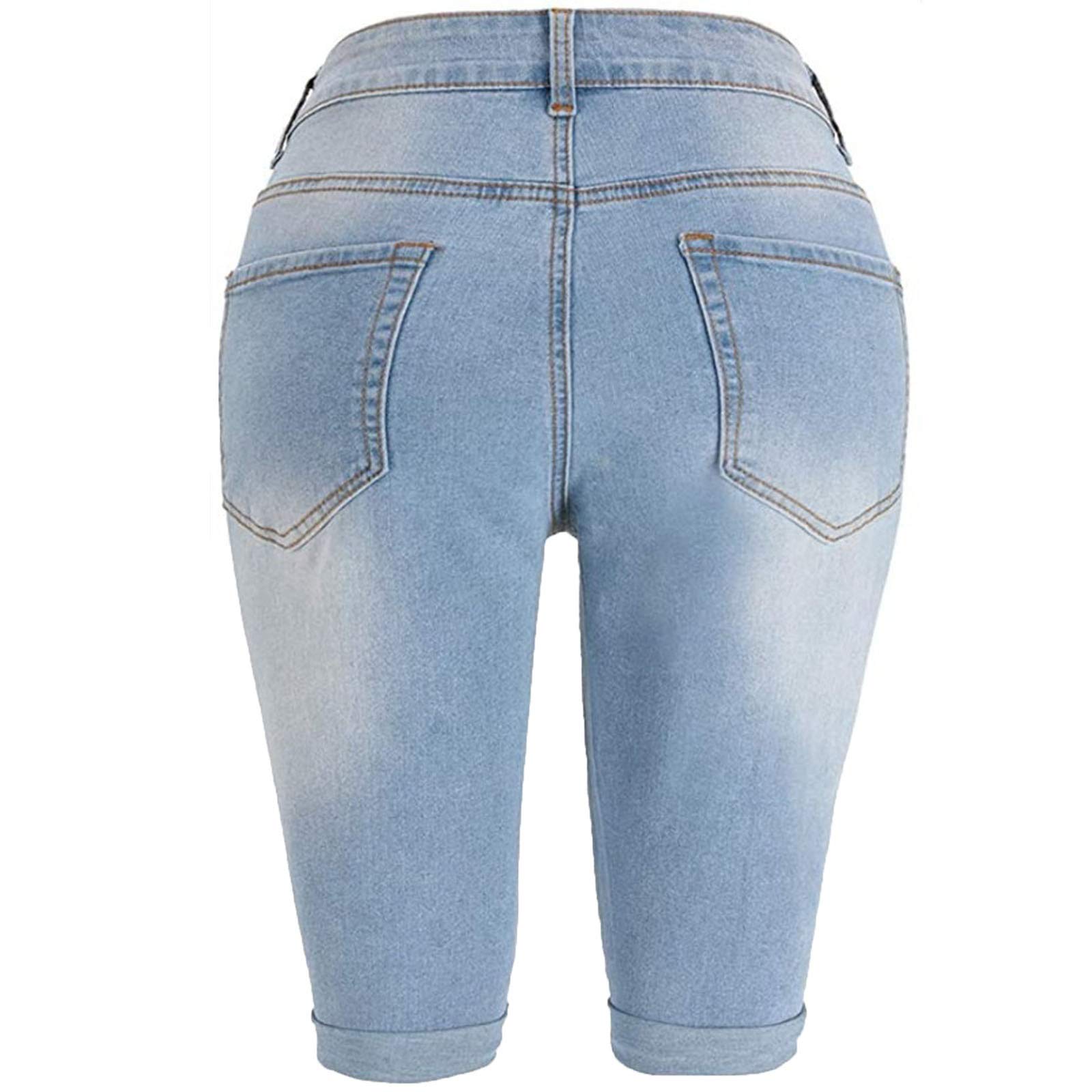 Womens Denim Ripped Bermuda Shorts High Waisted Distressed Knee Length Stretch Short Jeans Leggings with Pockets