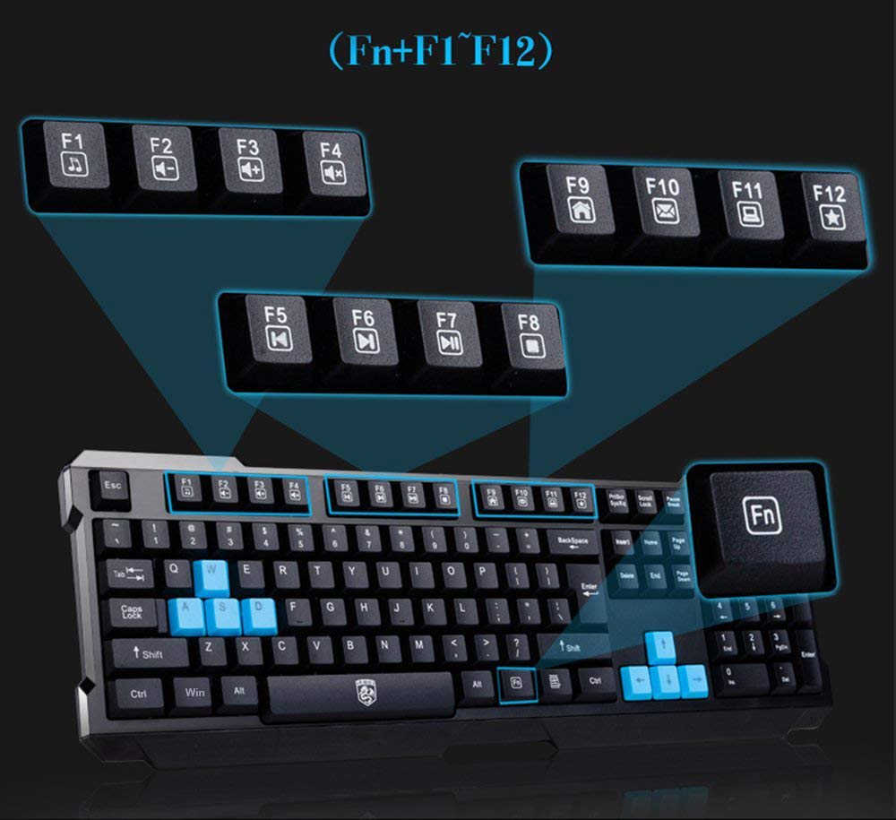 Keyboard Mouse Combos,Soke-Six Waterproof Multimedia 2.4GHz Wireless Gaming Keyboard with USB Cordless Ergonomic Mouse DPI Control For Desktop PC Laptop(Black)