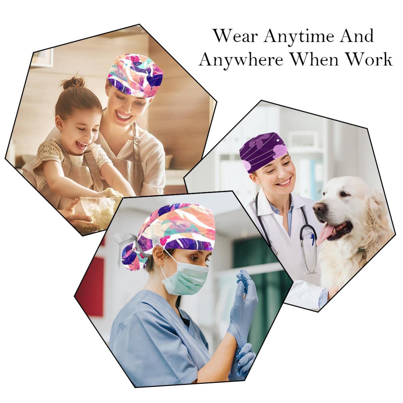 Adjustable Scrub Bouffant Caps, 2 Packs Colorful Floral Working Hat Hair Cover with Ponytail Pouch, Soft Surgical Nurse Cap