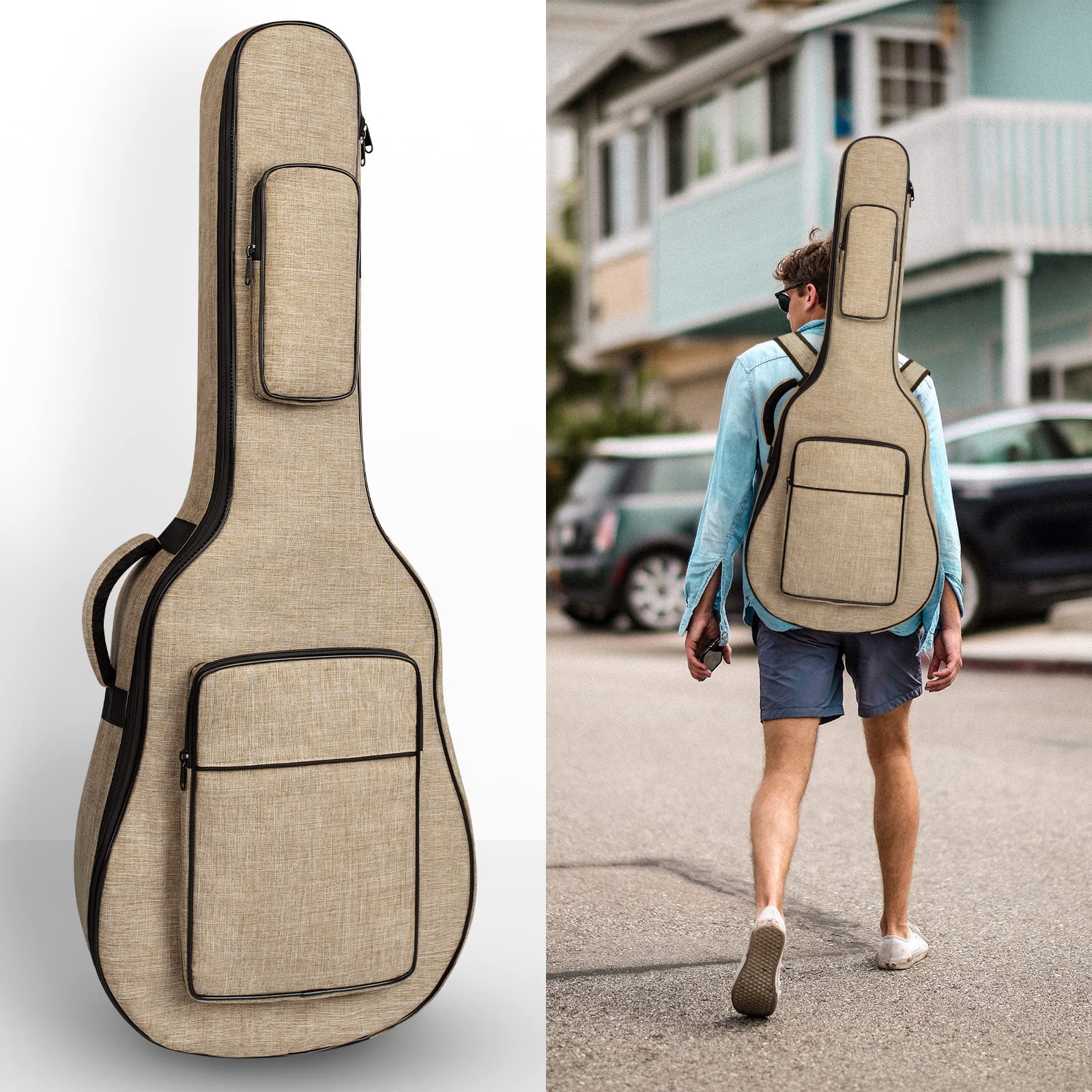 LETSROCK Acoustic Guitar Bag with 0.5 Inch Thick Padding Fit 39 40 41 Inch Acoustic Classical Guitars Waterproof Guitar Gig Bag Guitar Case Khaki