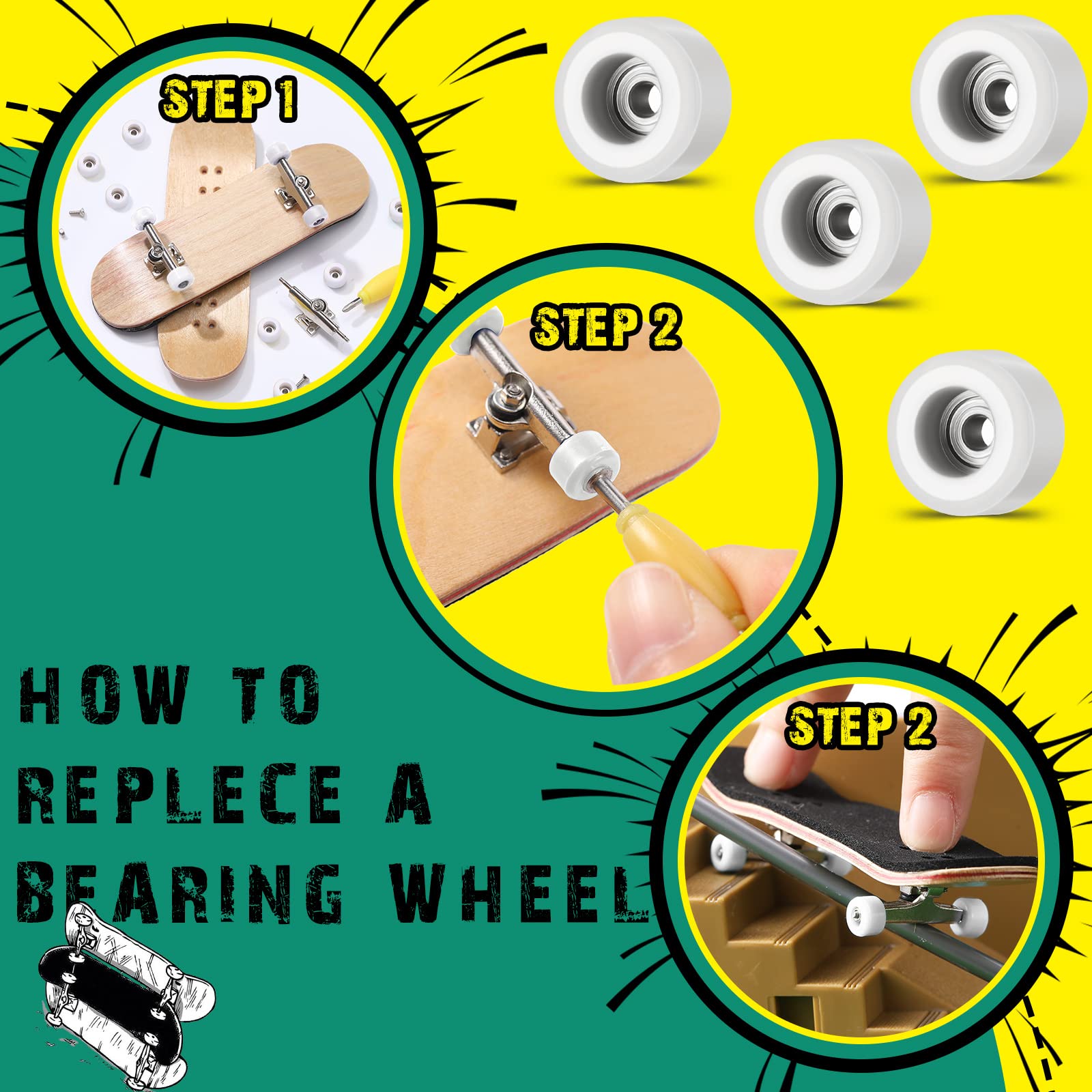 Zhehao 8 Pcs Fingerboard Bearing Wheels Standard Fingerboard Tool Fingerboard CNC Lathed Bearing Fingerboard Screwdriver and 2 Pcs Nut Driver for 34 mm Wide Decks Finger Skateboard Trucks (White)