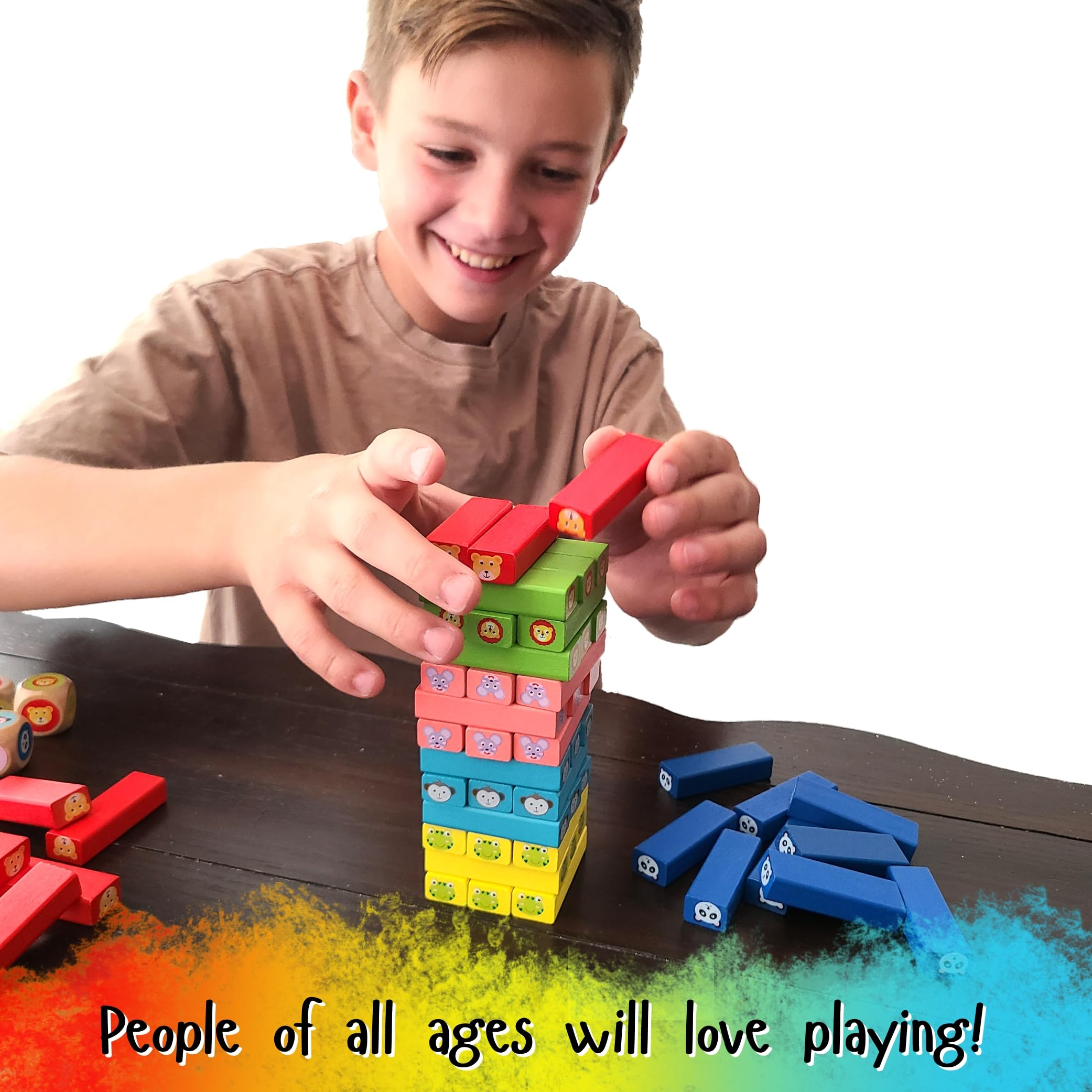 LMC Products Stacking Tower Game - Dice & Stacking Cards Animal Edition - Mini Colorful Blocks - Multiple Ways to Play Family Game Night - Games for Kids and Adults