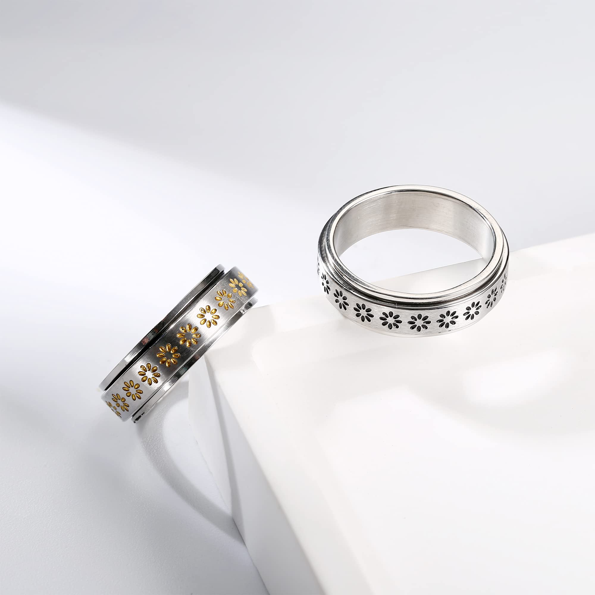 ADRAMATA Fidget Rings for Anxiety for Women Men Stainless Steel Meditation Rotatable Ring Gold&Black Star Moon Phase Daisy Anxiety Ring Spinner Ring Set 2PCS