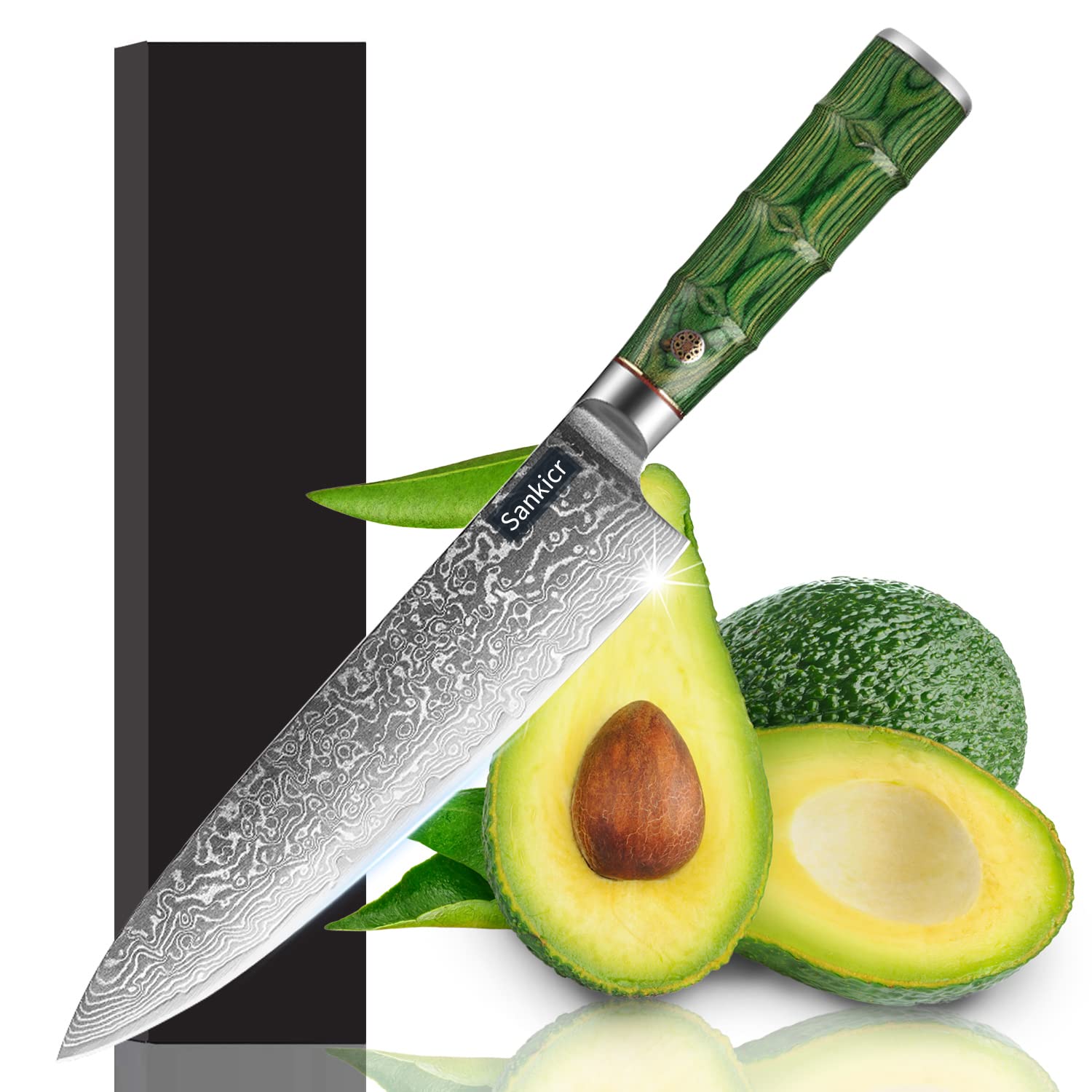 Damascus Chef Knife 8 inch- Razor Sharp Kitchen Knife Made of Damascus VG-10 Steel Special Chef's Knife for the Kitchen, Green Ebony Handle Ergonomic (8.03)ā¦