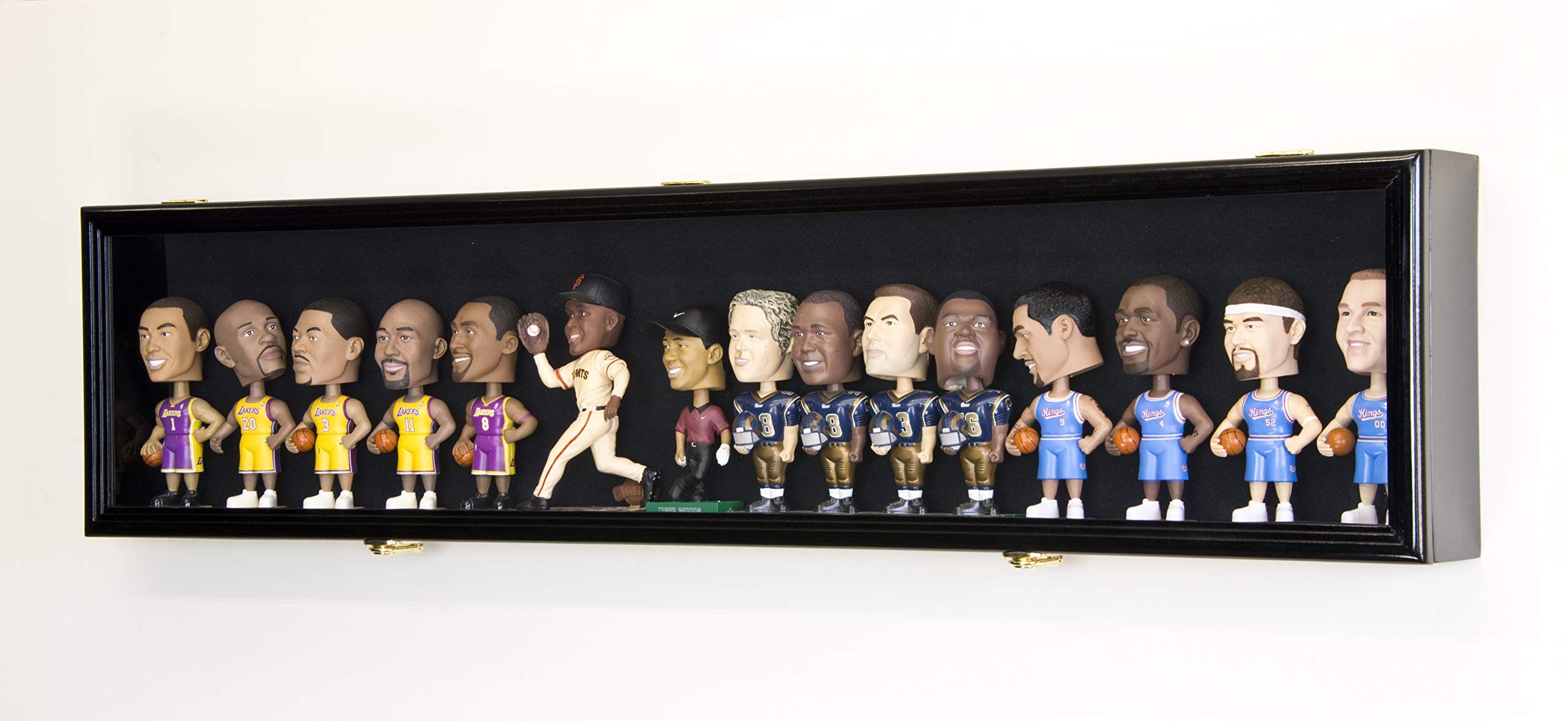 Horizontal Bobble Head Action Figures Doll Display Case Cabinet Wall Rack - Lockable (Black Wood Finish, Black Felt Background)