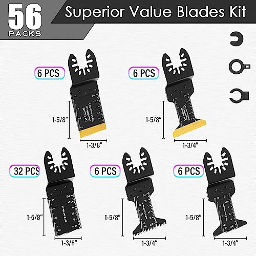 Adust 57Pcs Titanium Oscillating Multitool Blades, Universal Titanium Multitool Blades for Wood Plastics Metal, Quick Release Multi Tool Blades Kits