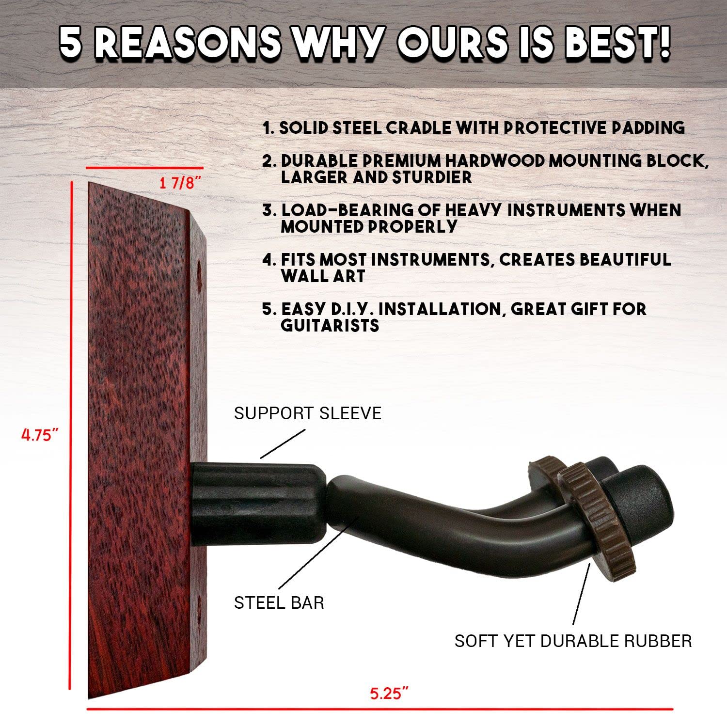 Mainstream Source® Guitar Hanger Cradle and Wall Mount – Guitar Hanger Wall Mount with Padded Cradle and Large Wooden Base, Great for Electric, Bass, or Acoustic Guitars (Rosewood, Pack of 1)