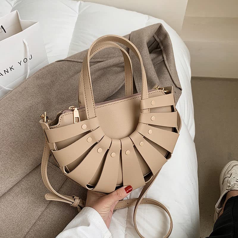 ADYAQRI Hollow semi-circular women's shoulder bag, summer soft leather woven crossbody bag, Stitching portable ladies handbag