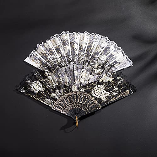 Aebor 10 Pieces Fabric Folding Fans, Folding Hand Fans, Elegant Vintage Retro Flower Rose Lace Handheld Chinese Folding Fan for Women Hand Craft (White)