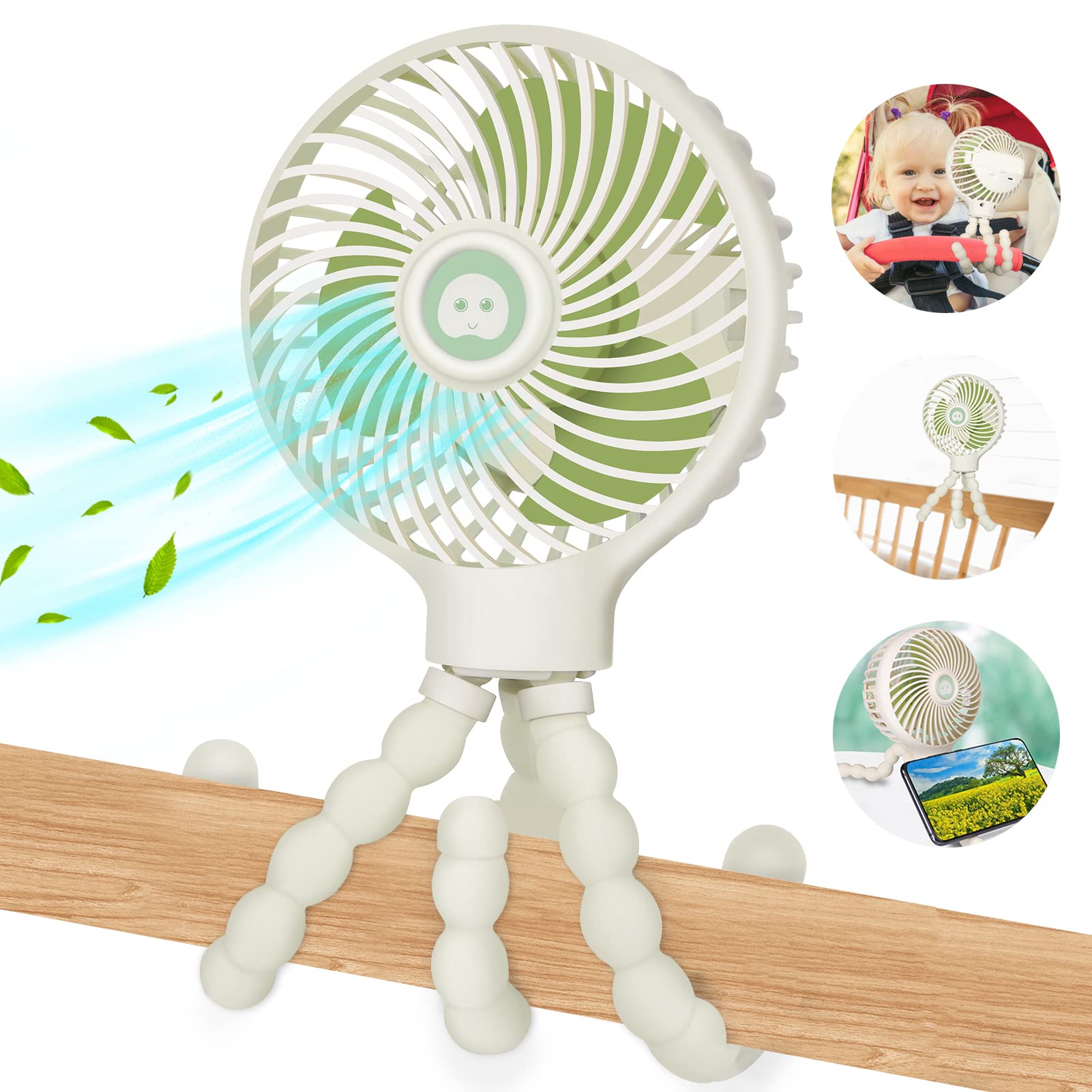 Mini Handheld Stroller Fan, Personal Portable Fan Baby Car Seat Clip-On Fan with DIY Flexible Tripod, USB Rechargeable Fan Adjustable 3 Speeds for Bedroom, Outdoor, Camping, Bike, BBQ