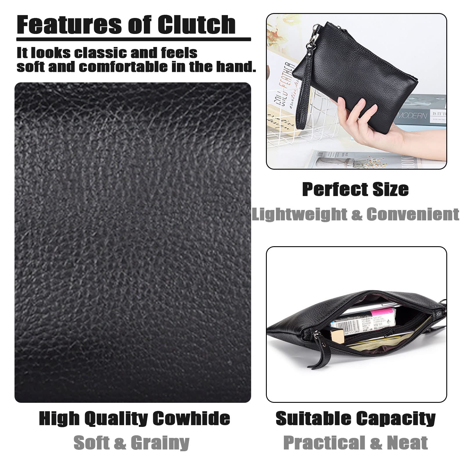 Karoukee Real Leather Wristlet Clutch Women Classic Cell Phone Wristlets Bag Minimalist Clutch Purse with Removable Wrist Strap (Black)