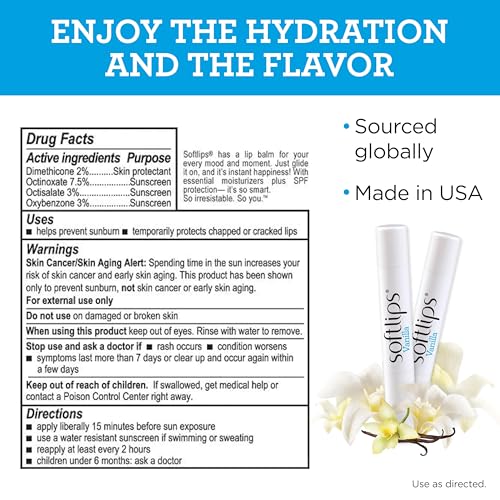 Softlips Daily Lip Moisturizer For Very Dry Lips, Vanilla Flavored Lip Balm, SPF 20, Hydrates, Soothes & Prevents Dry, Chapped Lips, Smooth Glide Formula, Dermatologist Tested, Pack of 2 Chap Sticks