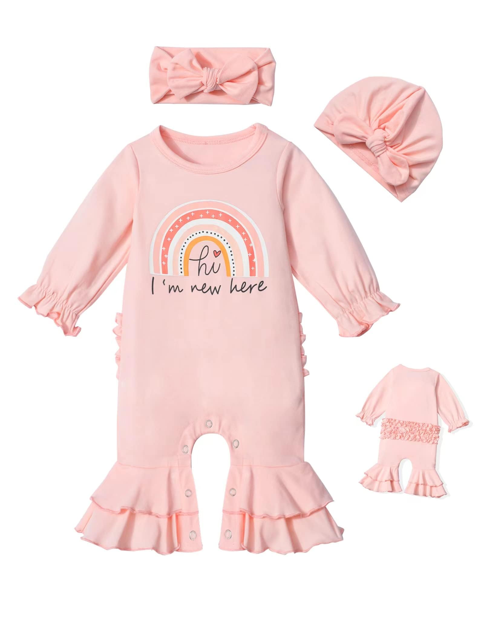 AGAPENG Baby Girl Clothes Newborn Girl Clothes hi I'm new here Romper Ruffle Rainbow Onesie Flare Bell Bottom Jumpsuit Fall Winter Outfits Newborn Girl Outfits Pink with Headband Hat