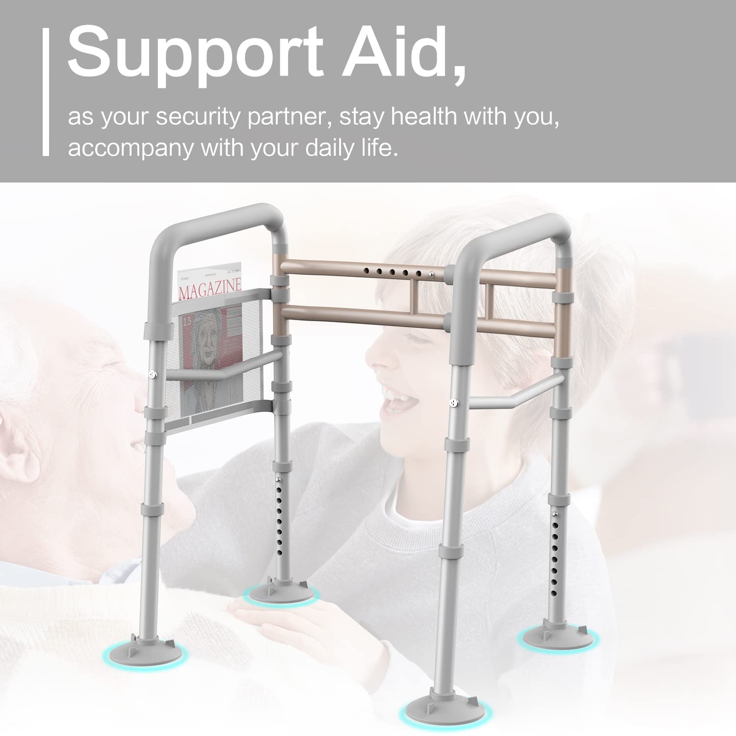 Agrish Stand Alone Toilet Safety Rail - Adjustable Width & Height Fit Any Toilet, Medical Toilet Frame for Elderly Handicap Disabled, Folding Handrails- Silver Grey