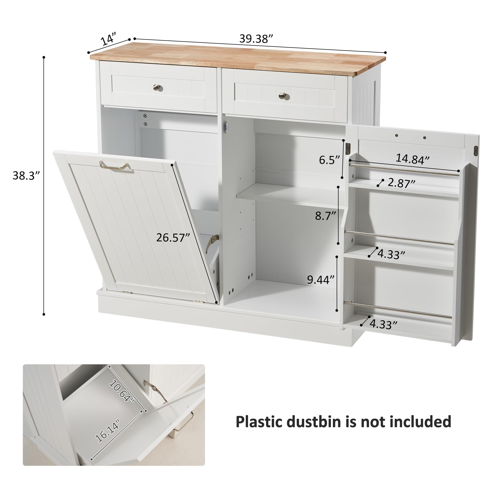 AHB 13 Gallon Tilt Out Trash Bin Cabinet with 2 Drawers, Adjustable Shelves,Kitchen Storage Cabinet with Garbage Bin Tilt Out Laundry Hamper for Kitchen, White