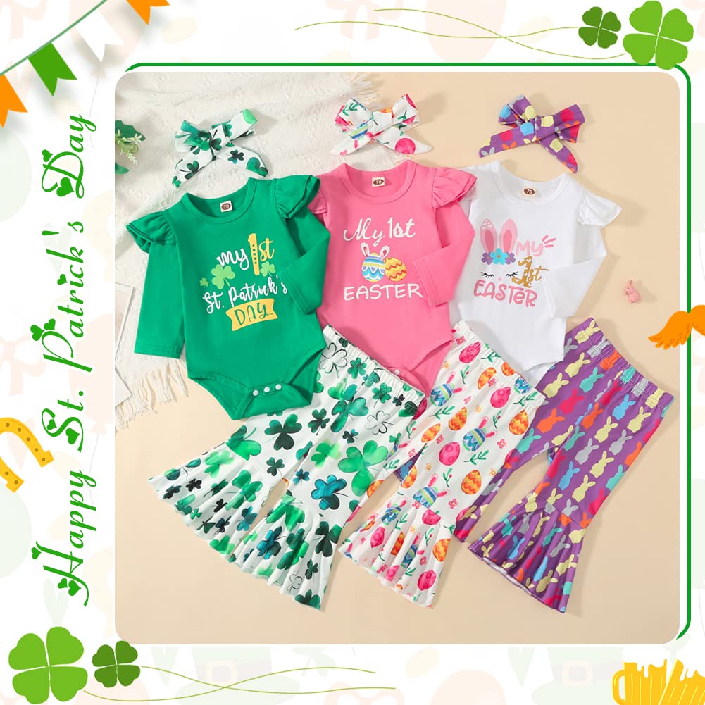 AIKSIWAI Newborn Baby Girl St. Patrick/Easter Day Outfit Print Romper Tops Bell Bottom Pants Headband 3Pcs Clothes Set