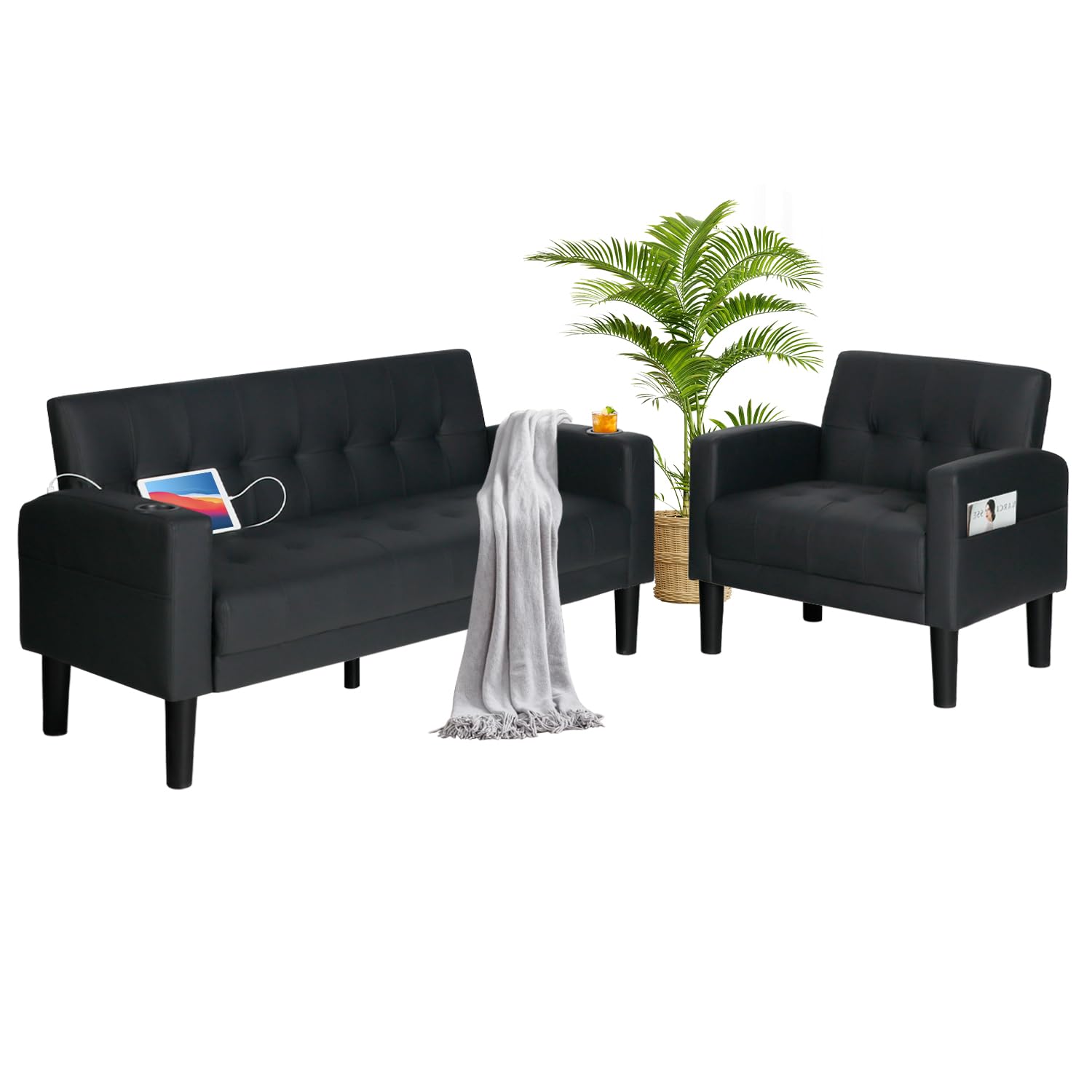 AILEEKISS 2 Piece Living Room Sofa Set Loveseat Sofas Sets with 2 USB, Cup Holders, Side Pocket, Modern Leather 2 Pcs Sectional Couches Set for Apartment, Office, Bedroom (Black, 2-Seat+1-Seat)