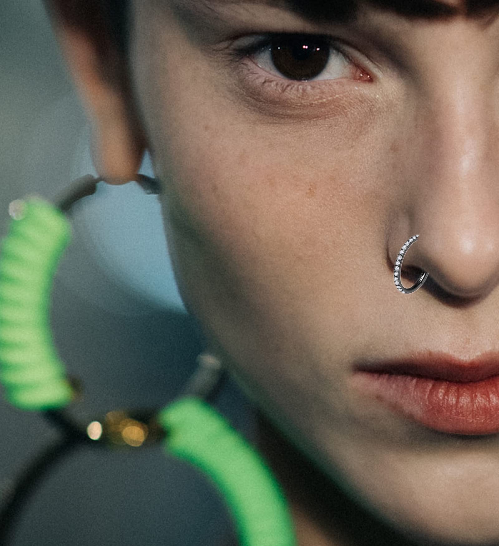 AJEVIE CZ Silver Nose Rings Hoops - 316L Stainless Steel Cartilage Earrings Piercing Jewelry Hinged Segment Rings Lip Rings Piercing Kit