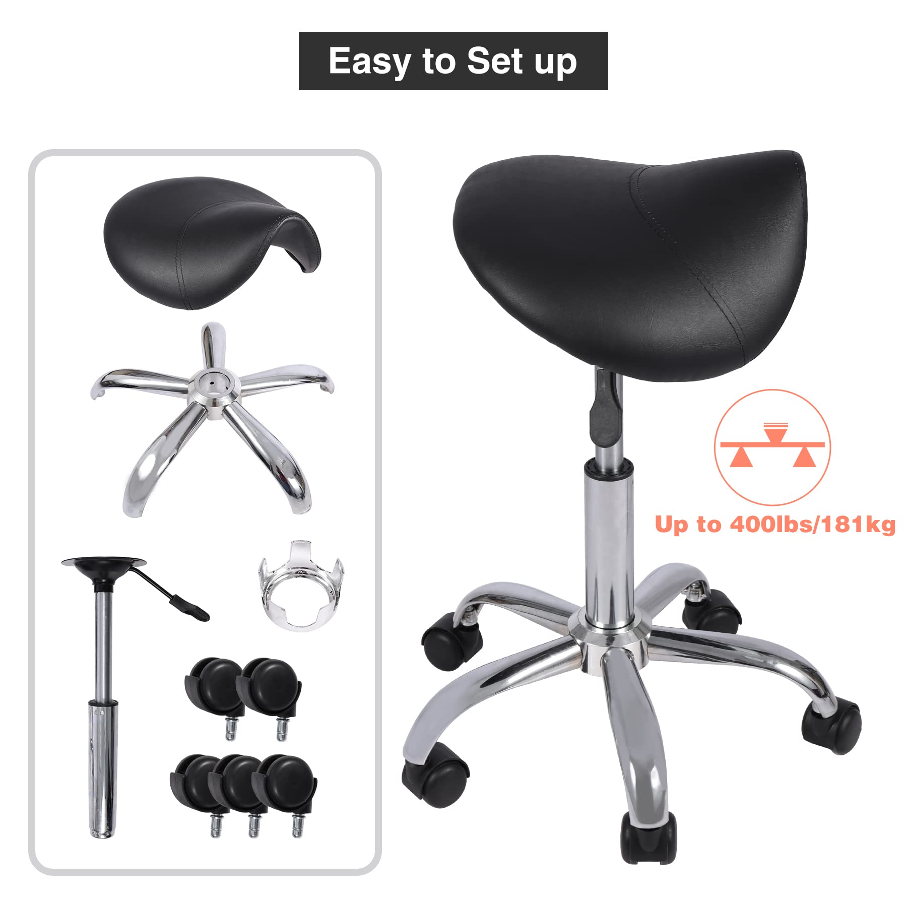 AKVOMBI Saddle Stool with Wheels, Ergonomic Saddle Chair with Wheels for Spa, Salon, Massage and Esthetician, Adjustable Hydraulic Seat, Black