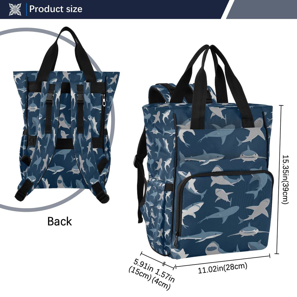 ALAZA Dark Blue Shark Fish Diaper Bag Backpack Multifunction Travel Back Pack Large Capacity Bag