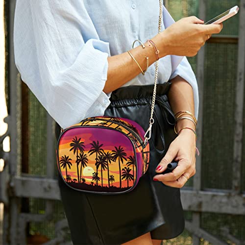 ALAZA Palm Trees Sunset PU Leather Small Women Crossbody Shoulder Bag Purse Wallet with Adjustable Chain Strap
