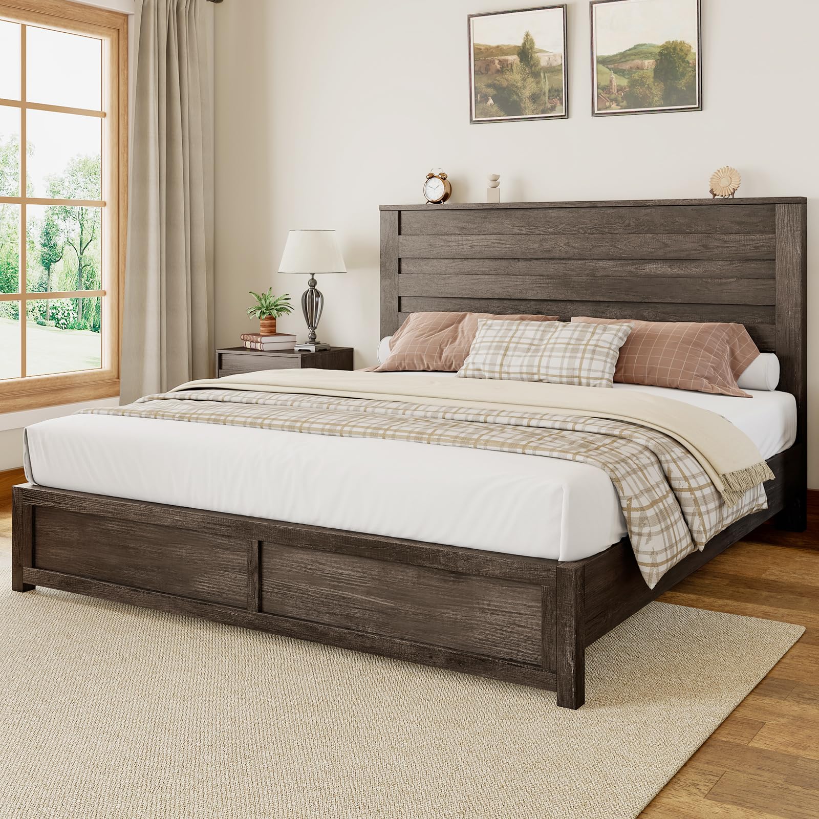 Albott Queen Size Farmhouse Bed Frame with 49" Headboard, Platform Bed Frame with Wood Slats Support/No Box Spring Needed/Easy Assembly, Rustic Grey