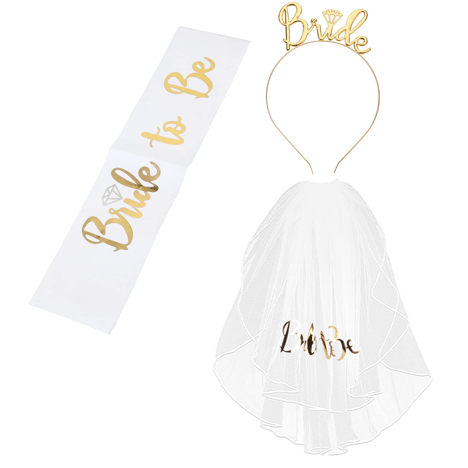 ASTER Bride to Be Set, Bride to Be Sash & Headband Tiara & Shoulder Length Veil Bachelorette Party Supplies Bridal Shower Decoration Accessories (White)