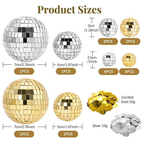 Ayfjovs 18 PCS Disco Ball Cake Decoration Disco Ball Cake Toppers Disco Table Decoration Cake Centerpiece with Confetti Decor 70s Disco Themed Cake for Birthday Theme 70s Party Supplies(Silver&Gold)