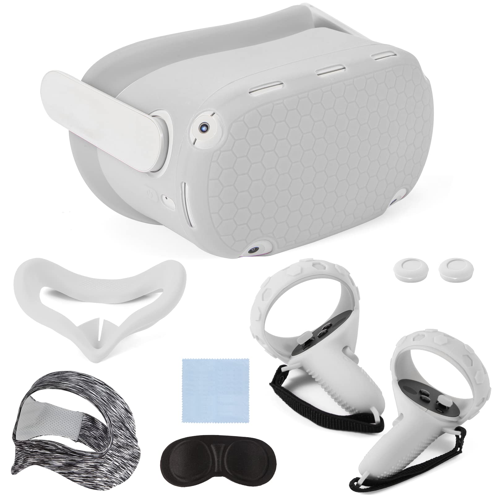 AMLINK VR Silicone Cover Accessories for Oculus Quest 2, VR Shell Cover Protective, Silicone Face Cover, Adjustable Strap Controller Grip Cover and Remote Sensing Rod Cap(Greyish White)