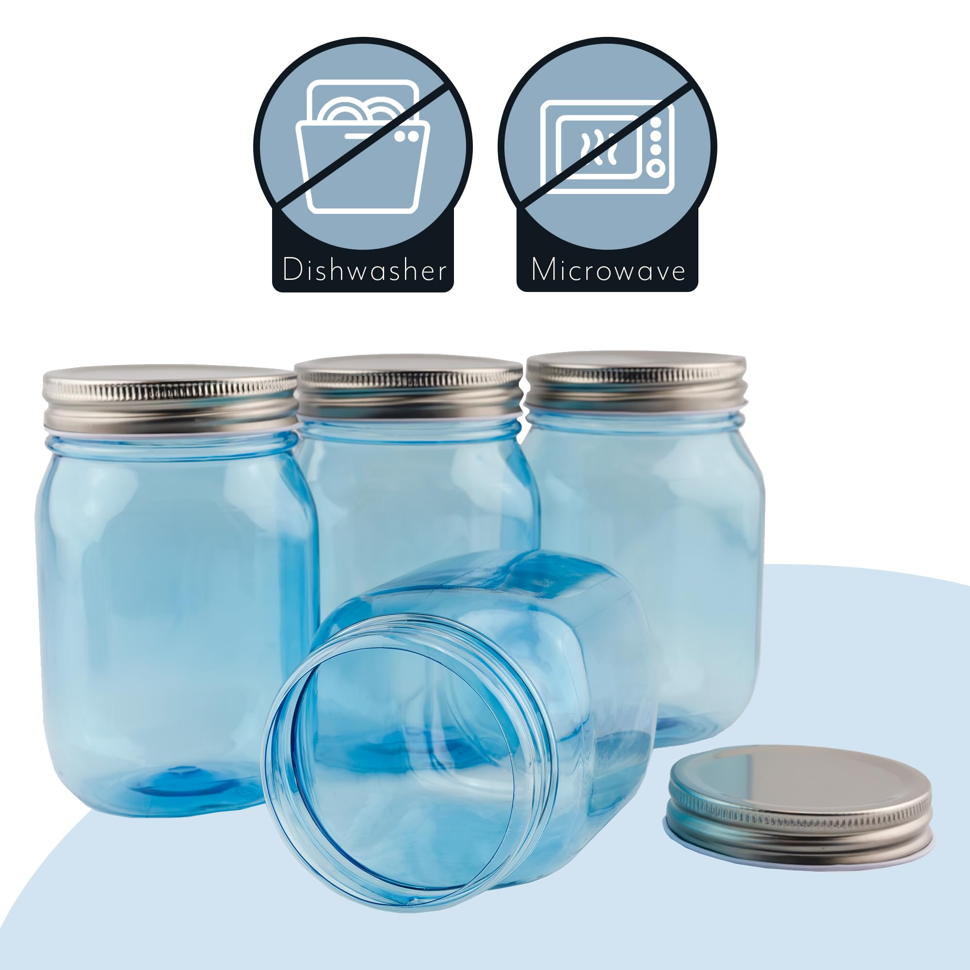 Cornucopia Brands 16oz PLASTIC Mason Jars (8-Pack, Blue w/Silver Metal Lids); PET BPA-Free Mason Jars w/One Piece Lids, 2-Cup/Pint Capacity