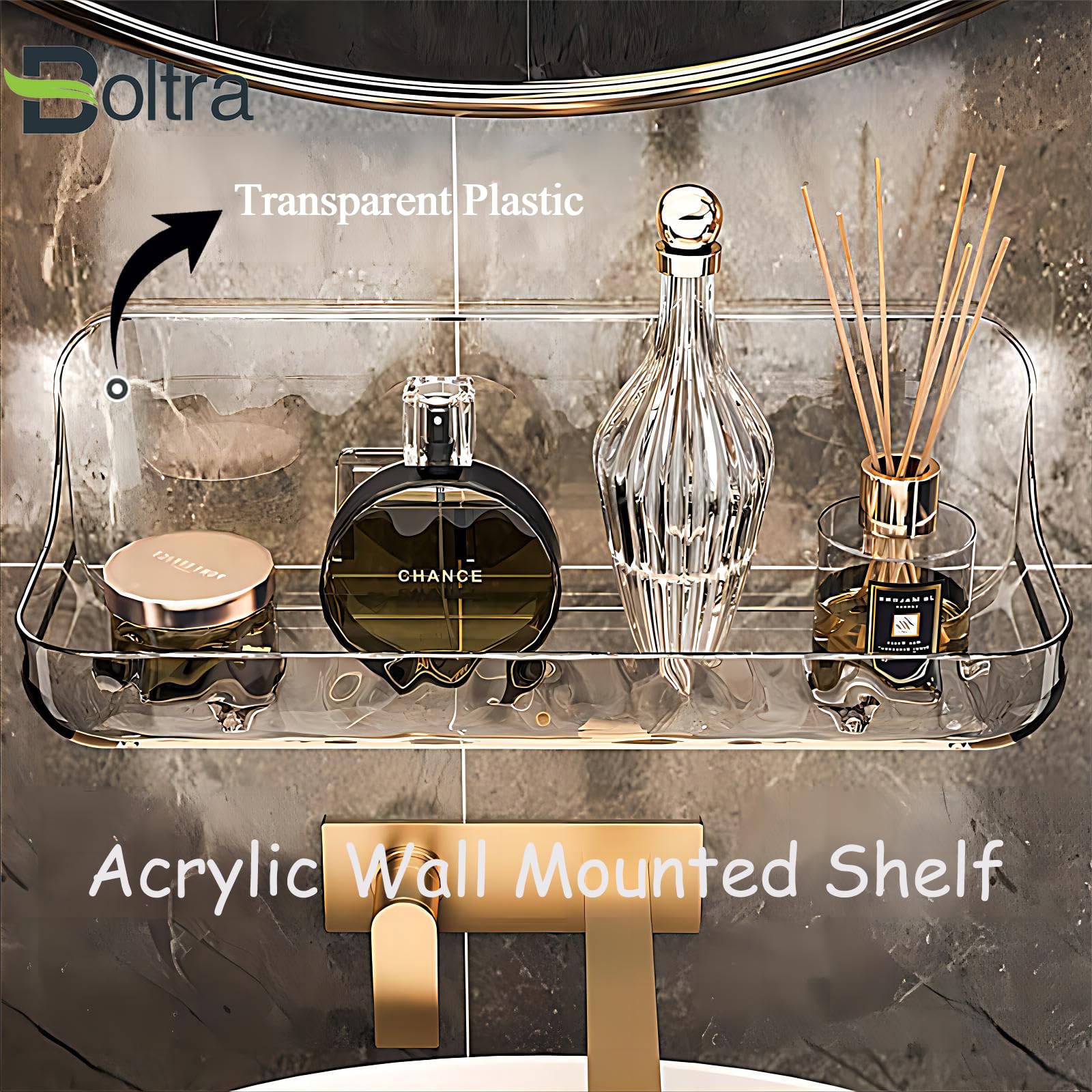 Boltra Clear Shower Caddy Shelves, 2-Pcs Acrylic Wall Mounted Shelf Bathroom Organizers and Container Without Drilling Plastic Shelf for Bathroom, Kitchen