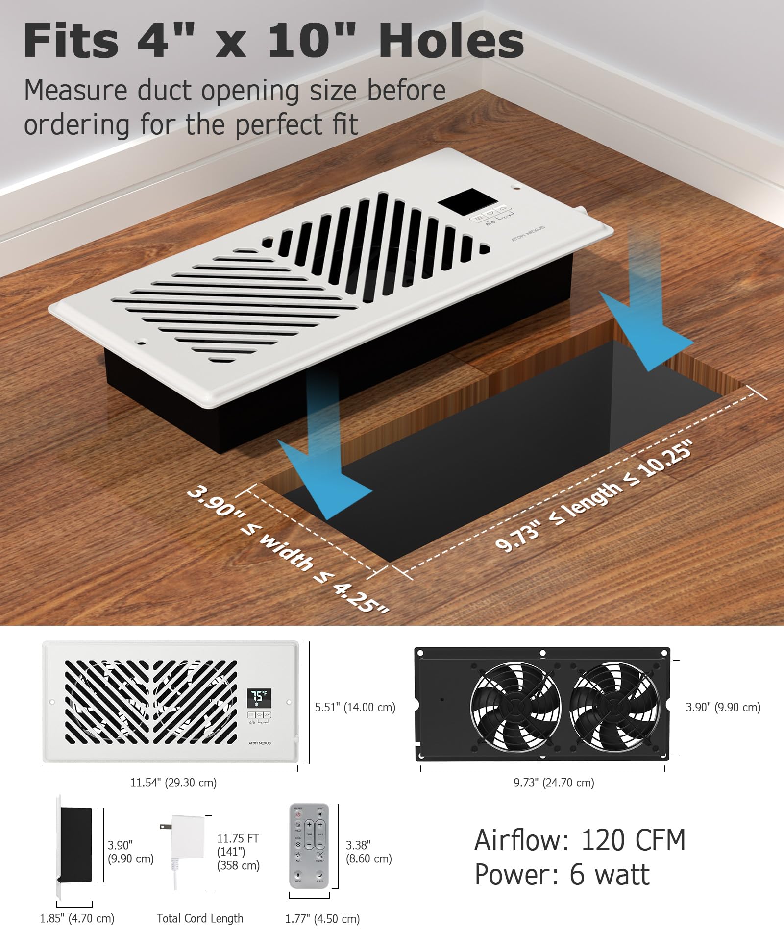 ATOM NEXUS AirBlaze Z4, Quiet Register Booster Fan Fits 4βx10β Register Holes, Smart Vent Booster Fan With Thermostat Control & Remote Control, 10-Speed Control Heating Cooling AC Vent Fan (White)