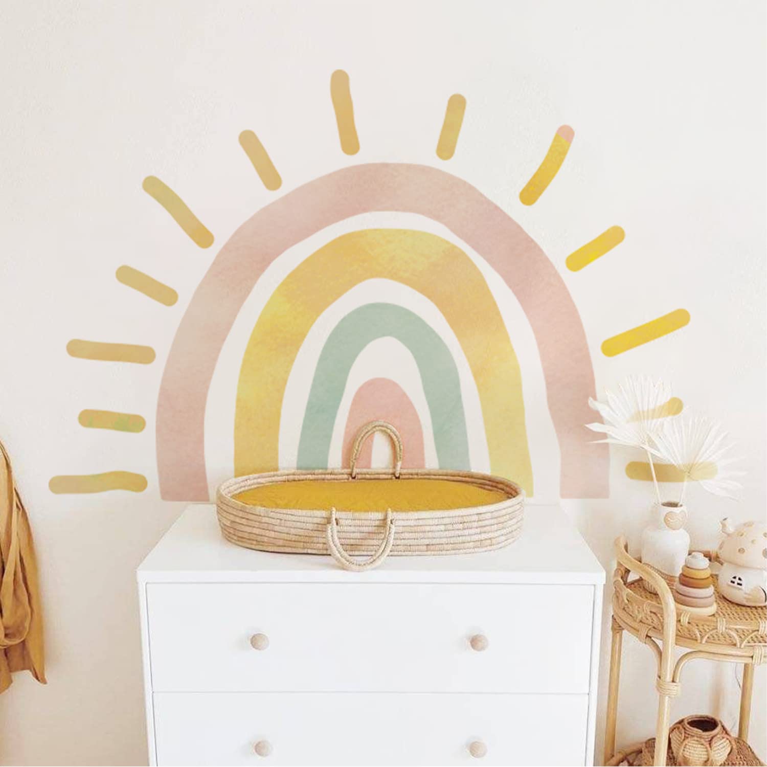 astrkiz Large Fabric Watercolor Boho Half Sun Wall Decals Peel and Stick, Rainbow Wall Murals Stickers, Pastel Sunrise Wall Art Decor for Kids Room Playroom Nursery Bedroom, 44.09" x 29.13"