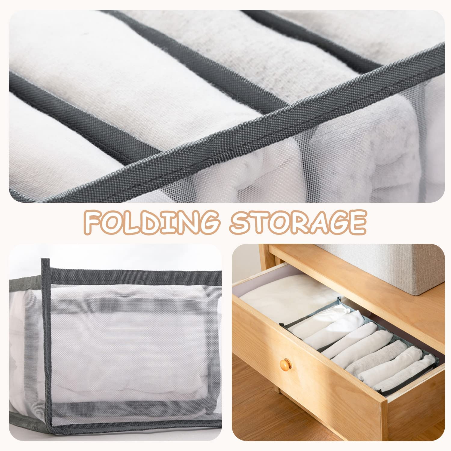QINGHON 7 Grids Wardrobe Clothes Organizer, Clothes Organizer, T Shirt Organizer for Closet, Visible Grid Storage Box for Underwear, Socks, Skirts, T-Shirts (White,Two Medium)