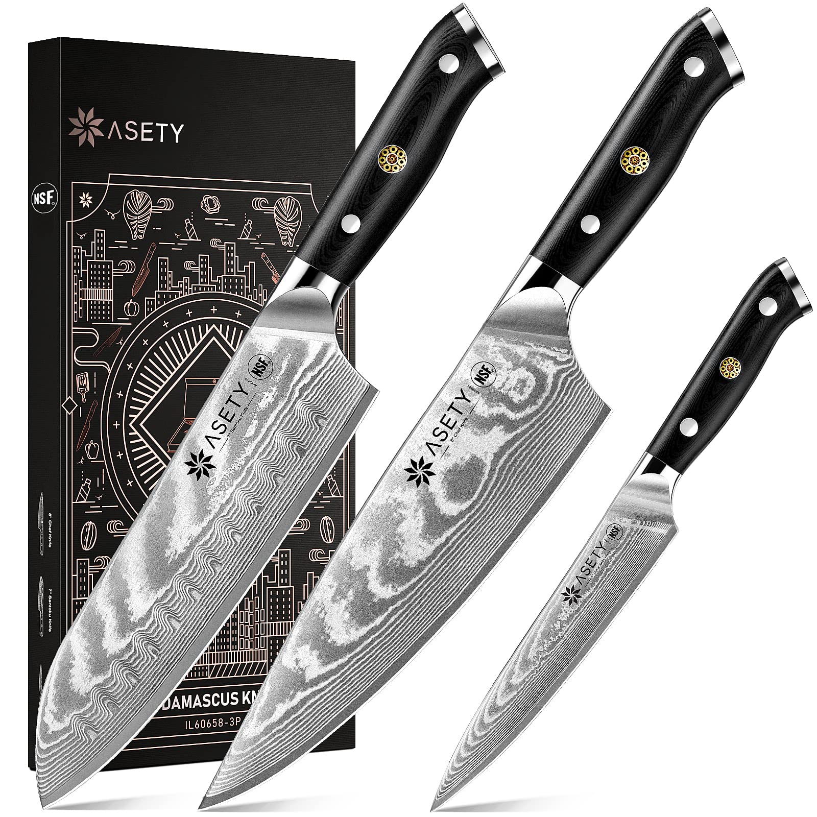 ASETY Damascus Knife Set 3 PCS, NSF Food-Safe Japanese Kitchen Knife Set with VG10 Steel Core, Ultra-Sharp Professional Chef Knife Set and Full Tang G10 Handle, Gift Box