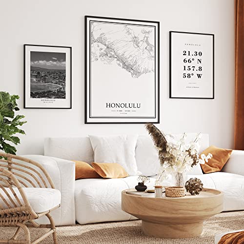 Dear Mapper Honolulu United States View Abstract Road Modern Map Art Minimalist Painting Black and White Canvas Line Art Print Poster Art Line Paintings Home Decor (Set of 3 Unframed) (12x16inch)